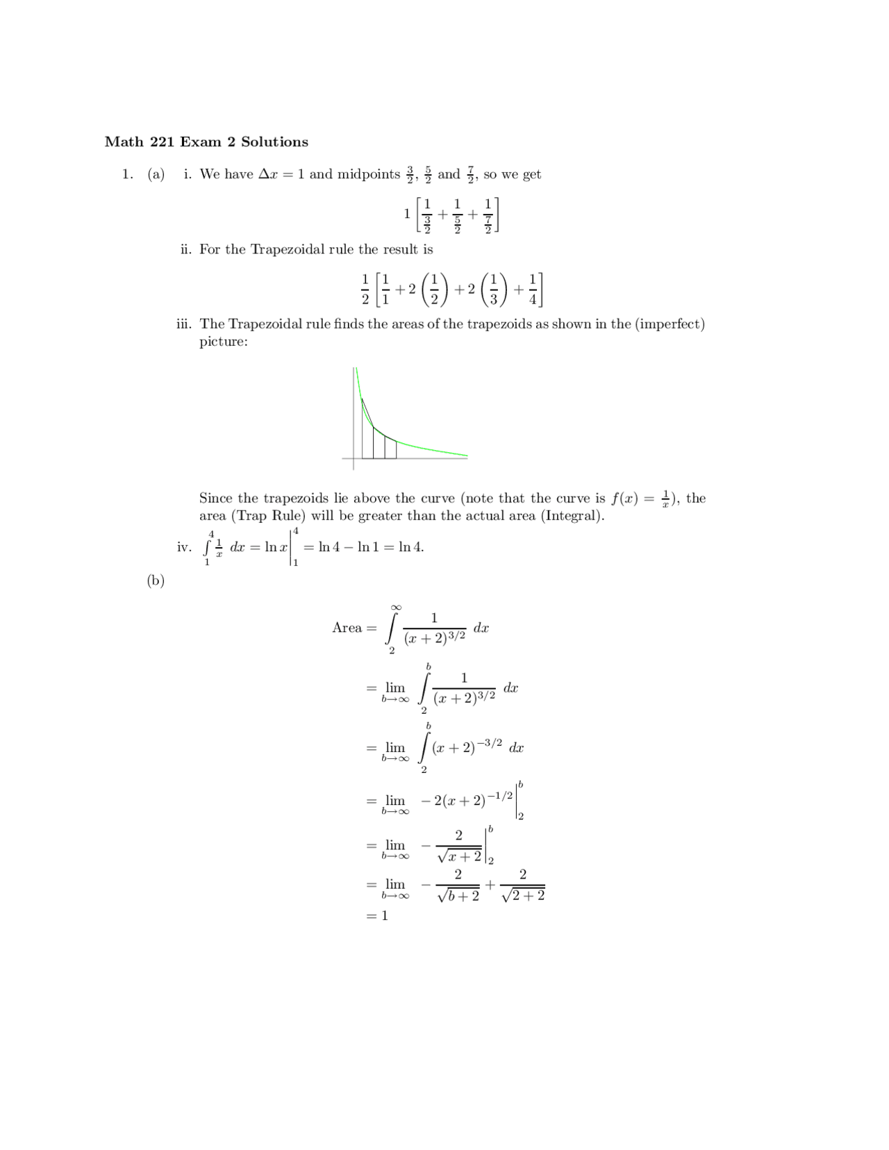 Exam 2 Solutions - Elementary Calculus II | MATH 221 - Docsity