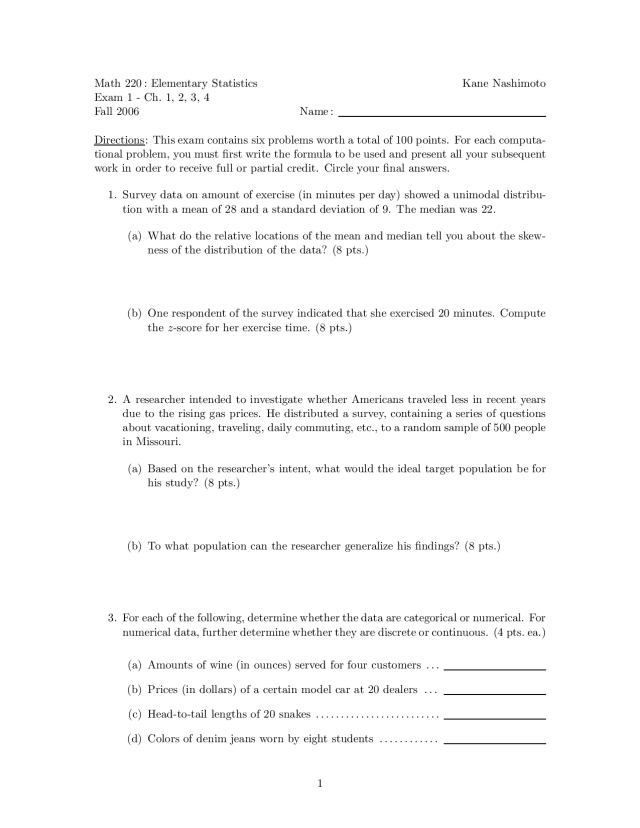 6 Questions On Mean And Standard Deviations Exam 1 Math 220 Docsity