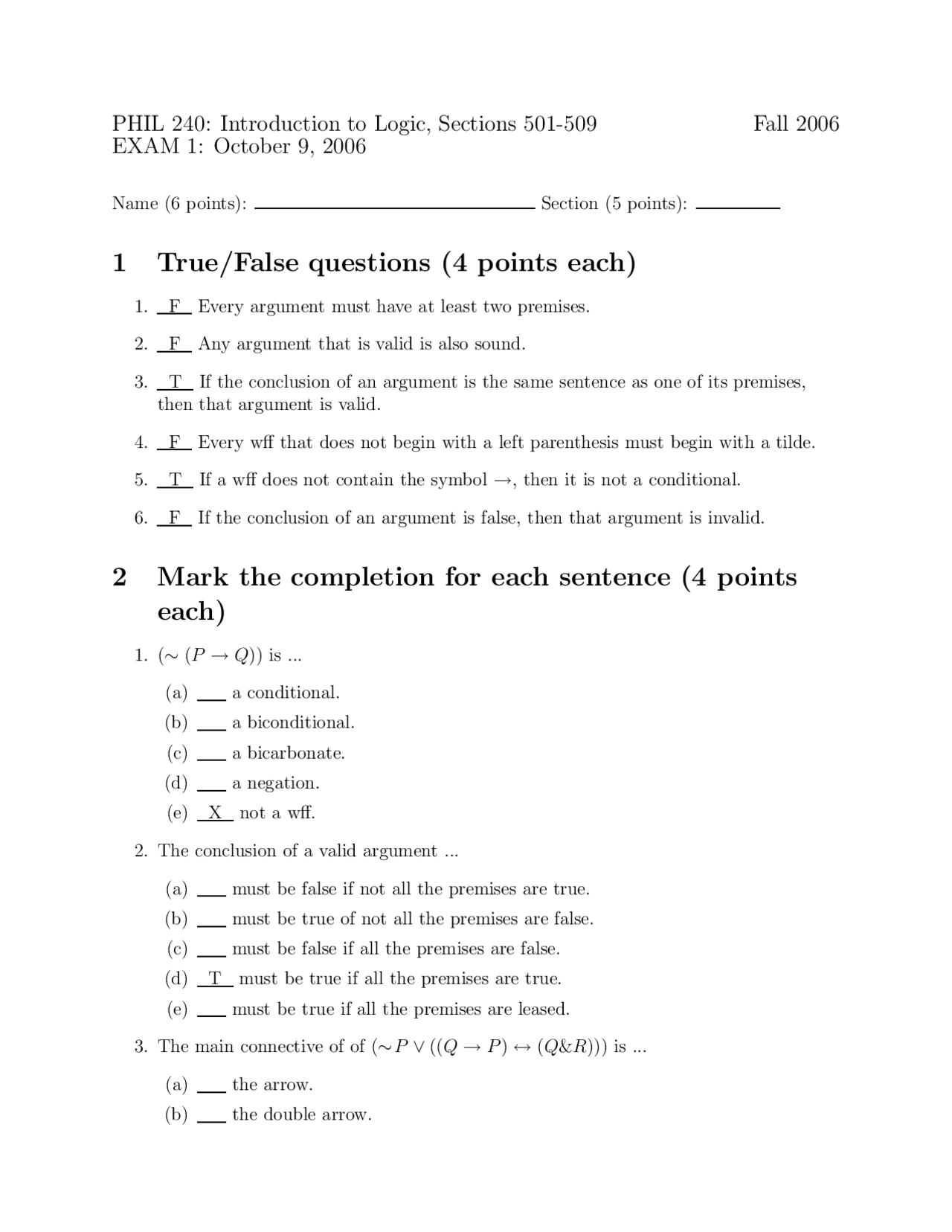 5 Problems For Introduction To Logic Past Exam 1 Phil 240 Docsity