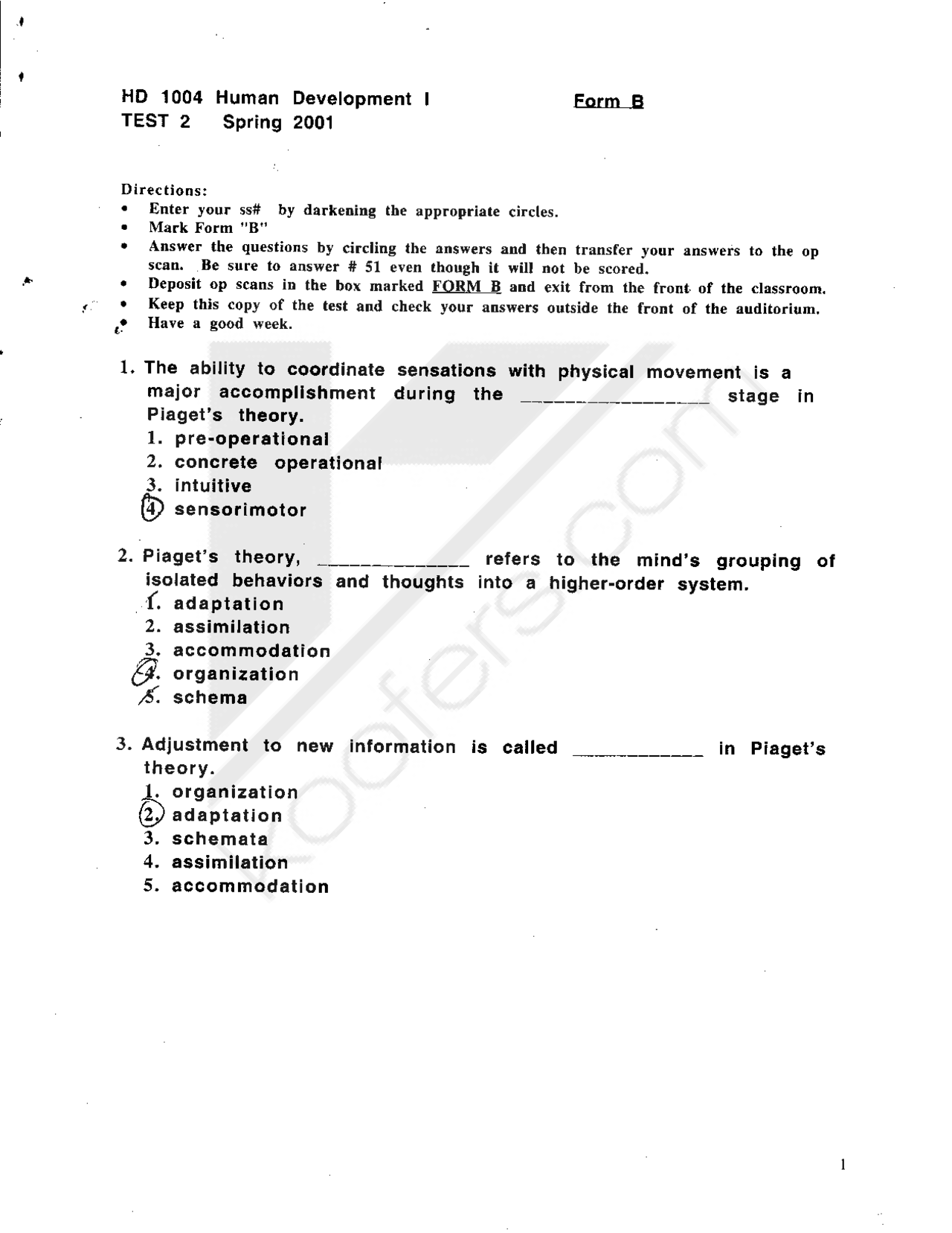 Test 2 Form B Human Development I Spring 2011 Hd 1004 Docsity