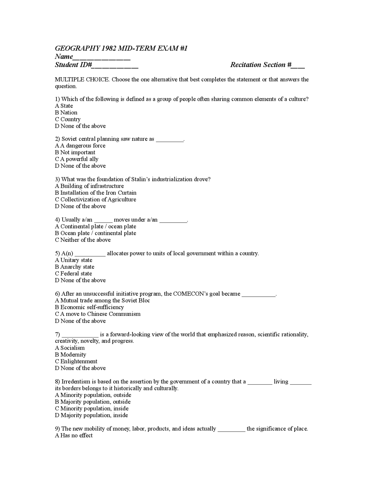 Questions For Midterm Exam 1 World Regional Geography Geog 1982