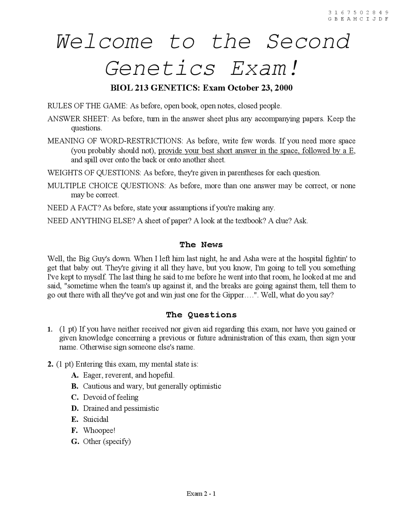 14 Questions for Exam #2 - Genetics | BIOL 310 - Docsity
