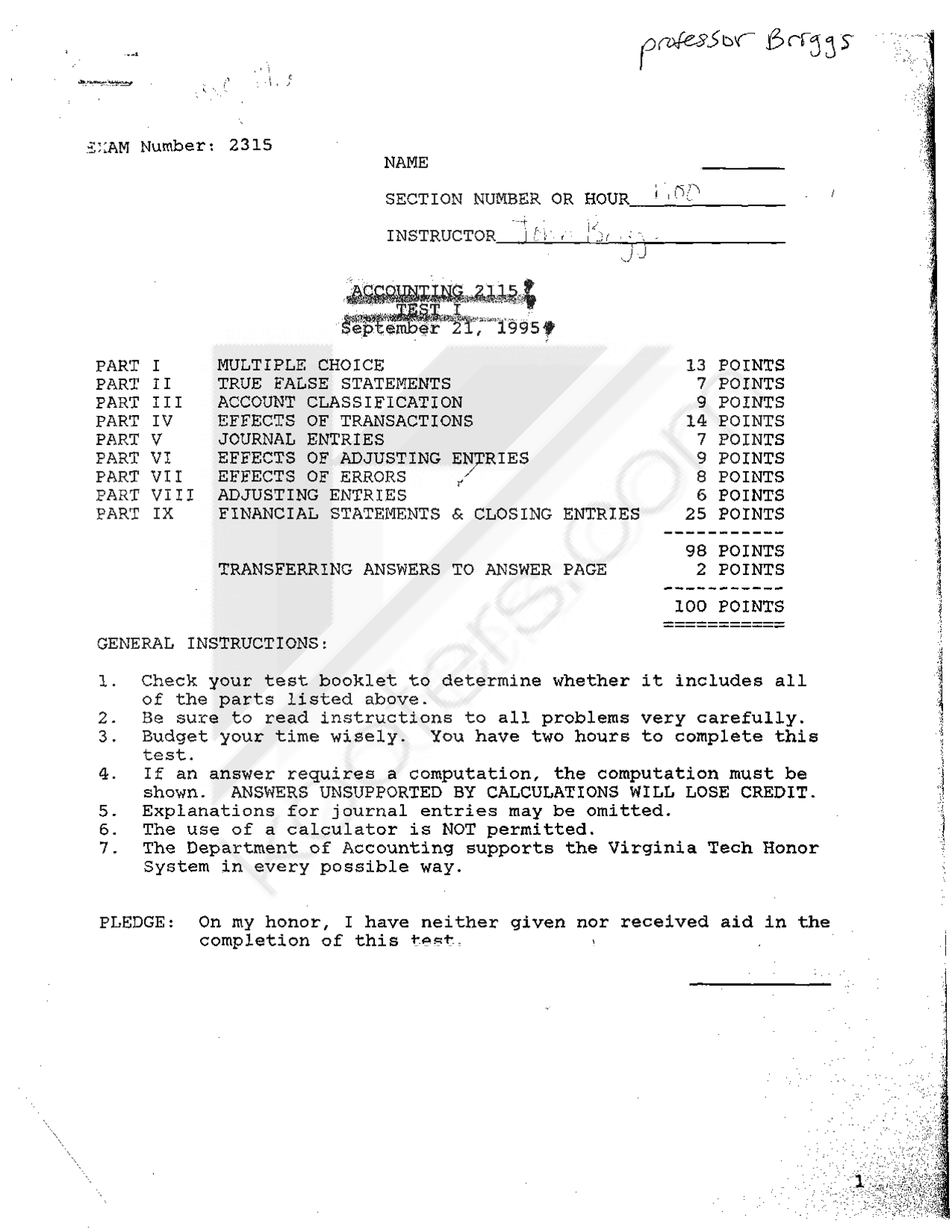 Resolution of Practice Exam on Principles of Accounting | ACIS 2115 ...