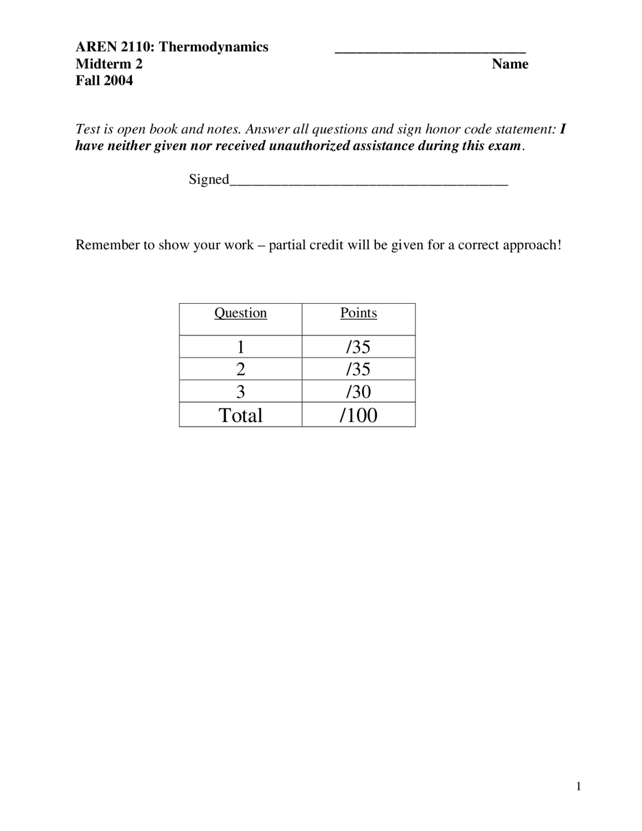 Thermodynamics Midterm Exam 2 Aren 2110 Docsity