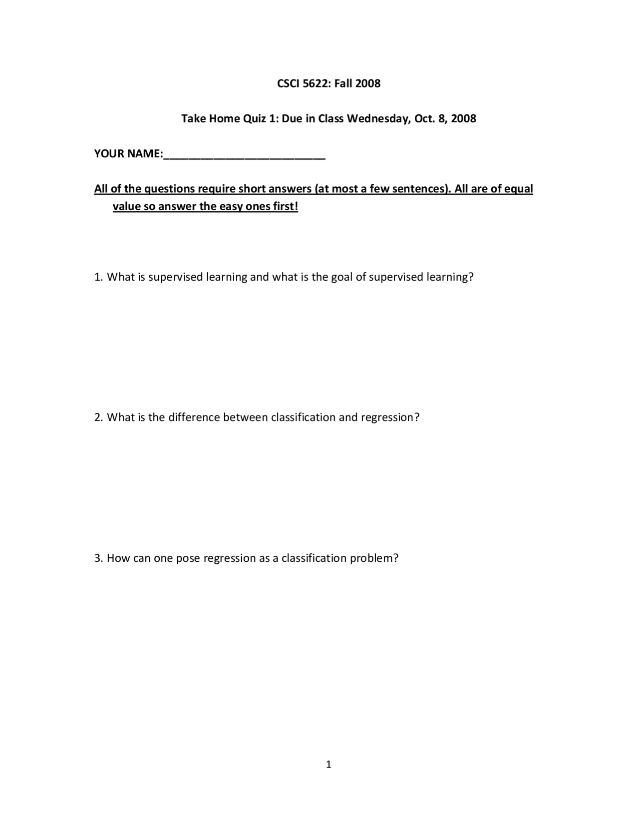 Quiz 1 Questions For Machine Learning Csci 5622 Docsity