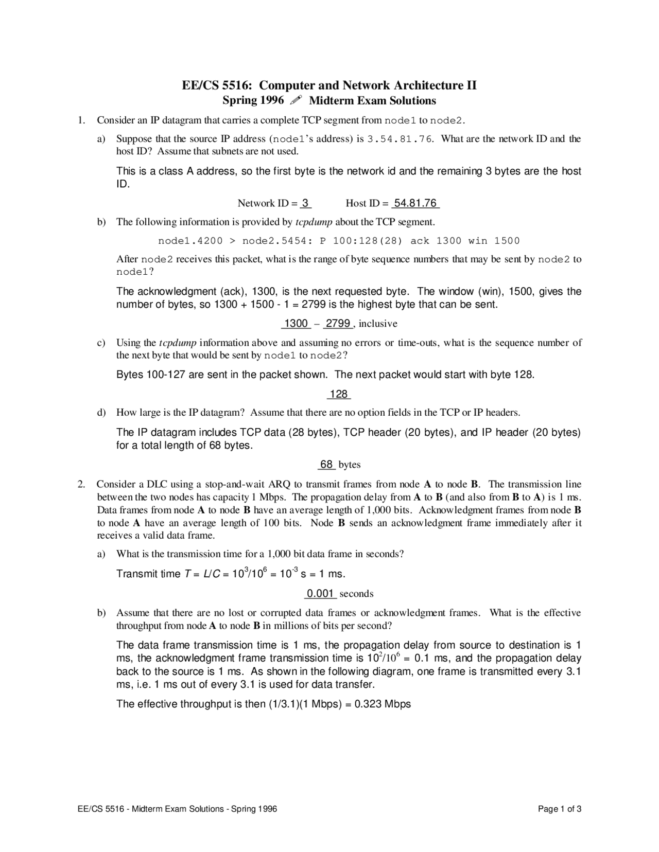 4 Questions On Computer And Network Architecture Midterm Exam Cs 5516 Docsity