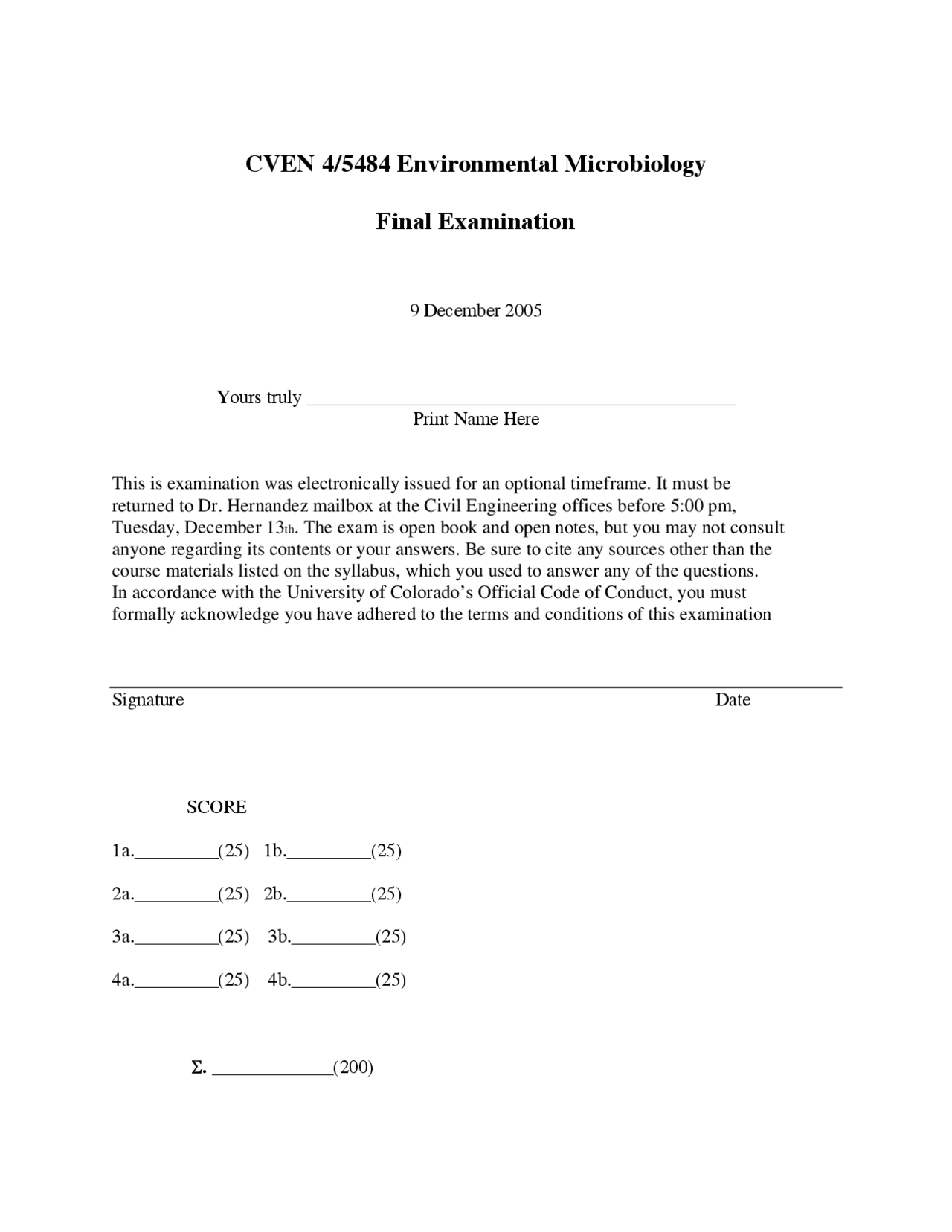 Final Exam Introduction To Environmental Microbiology Fall 2005