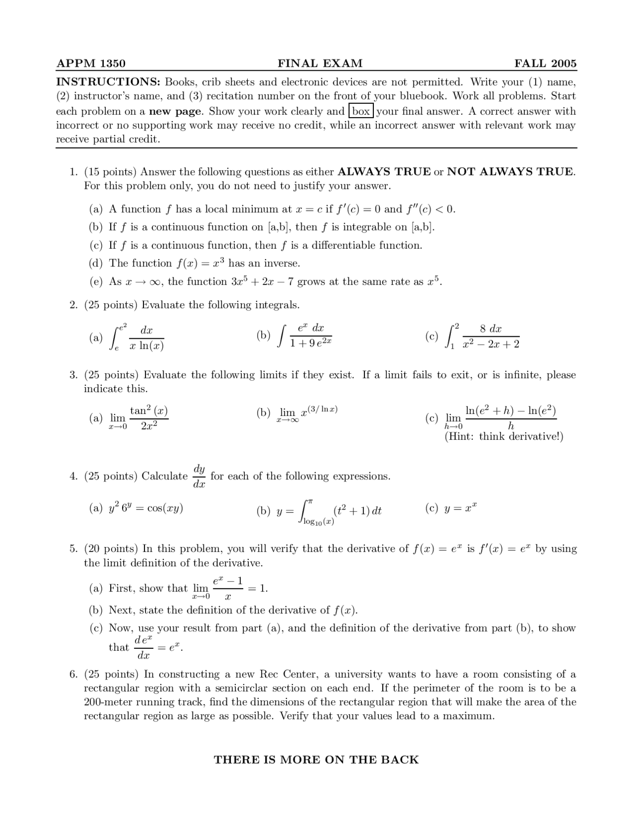 10 Questions On Calculus 1 For Engineers Final Old Exam Appm 1350