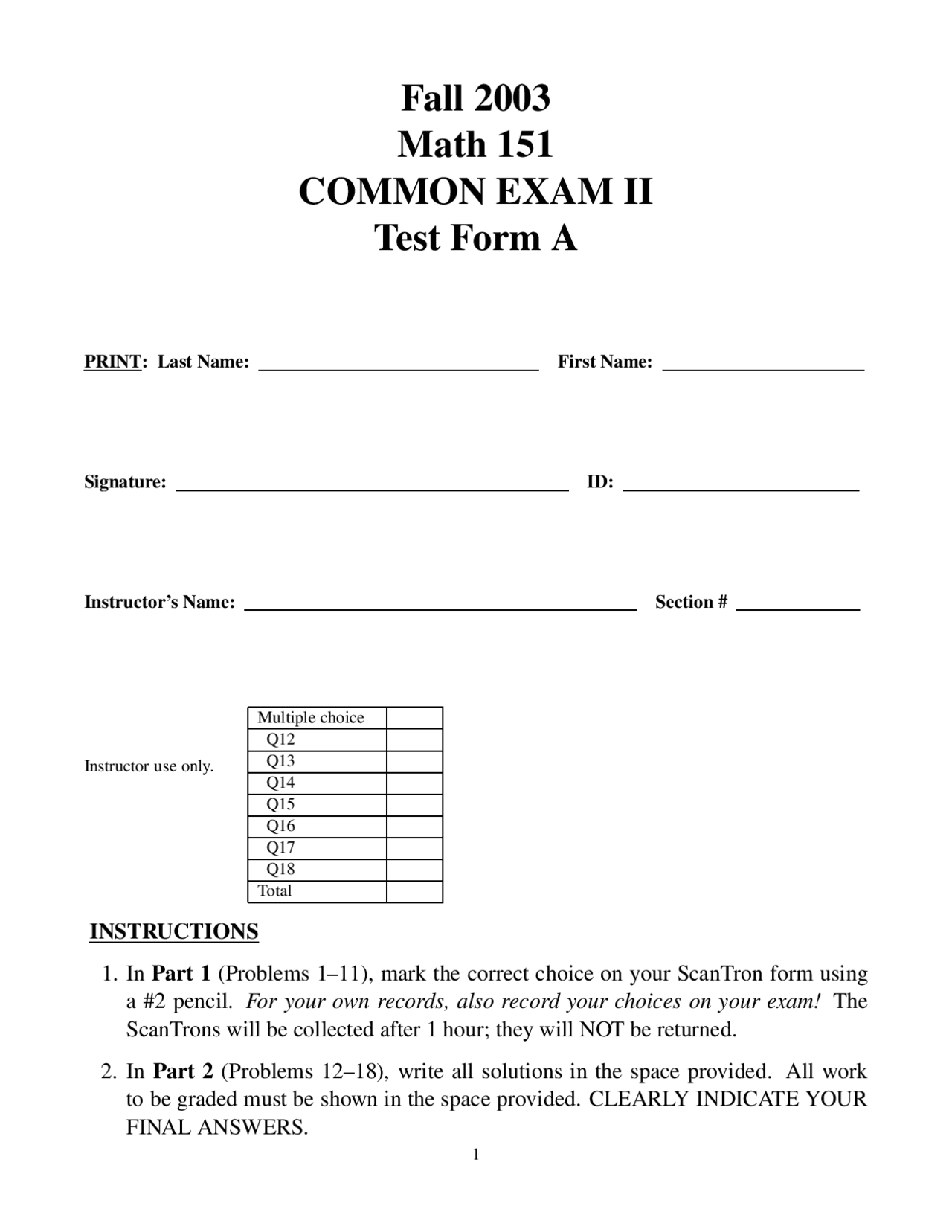 Exam 2 Form A Honor Engineering Mathematics I Math 151 Docsity