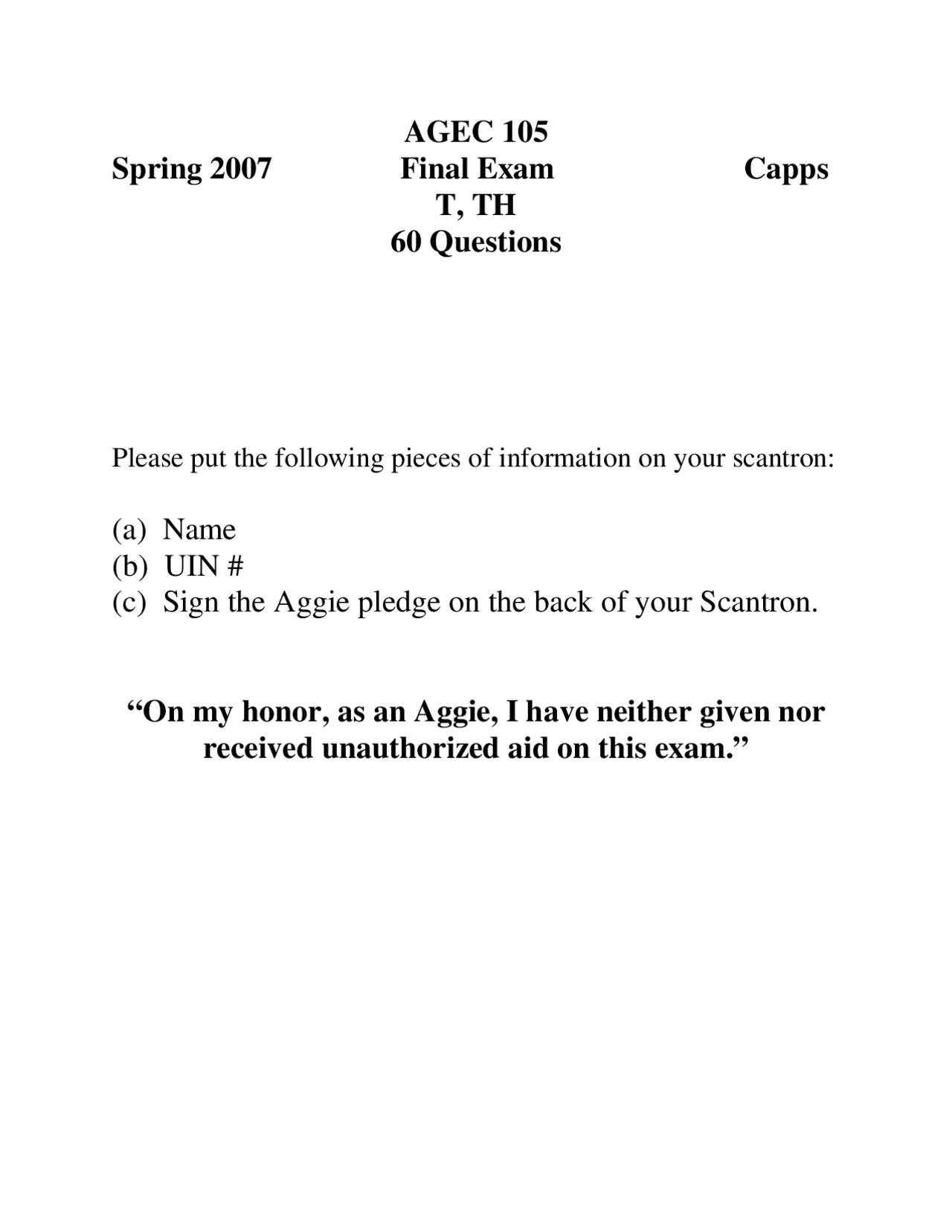 Final Exam - Agricultural Economics | AGEC 105 - Docsity