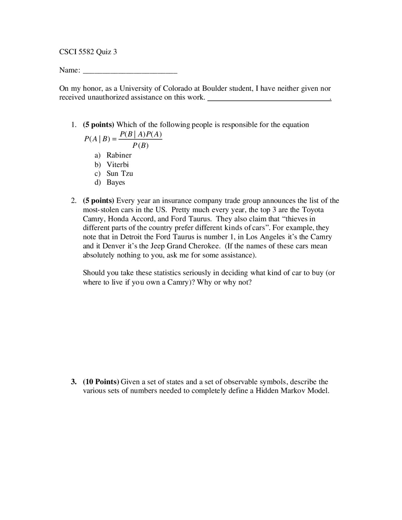 6 Questions In Quiz 3 For Artificial Intelligence Csci 5582 Docsity