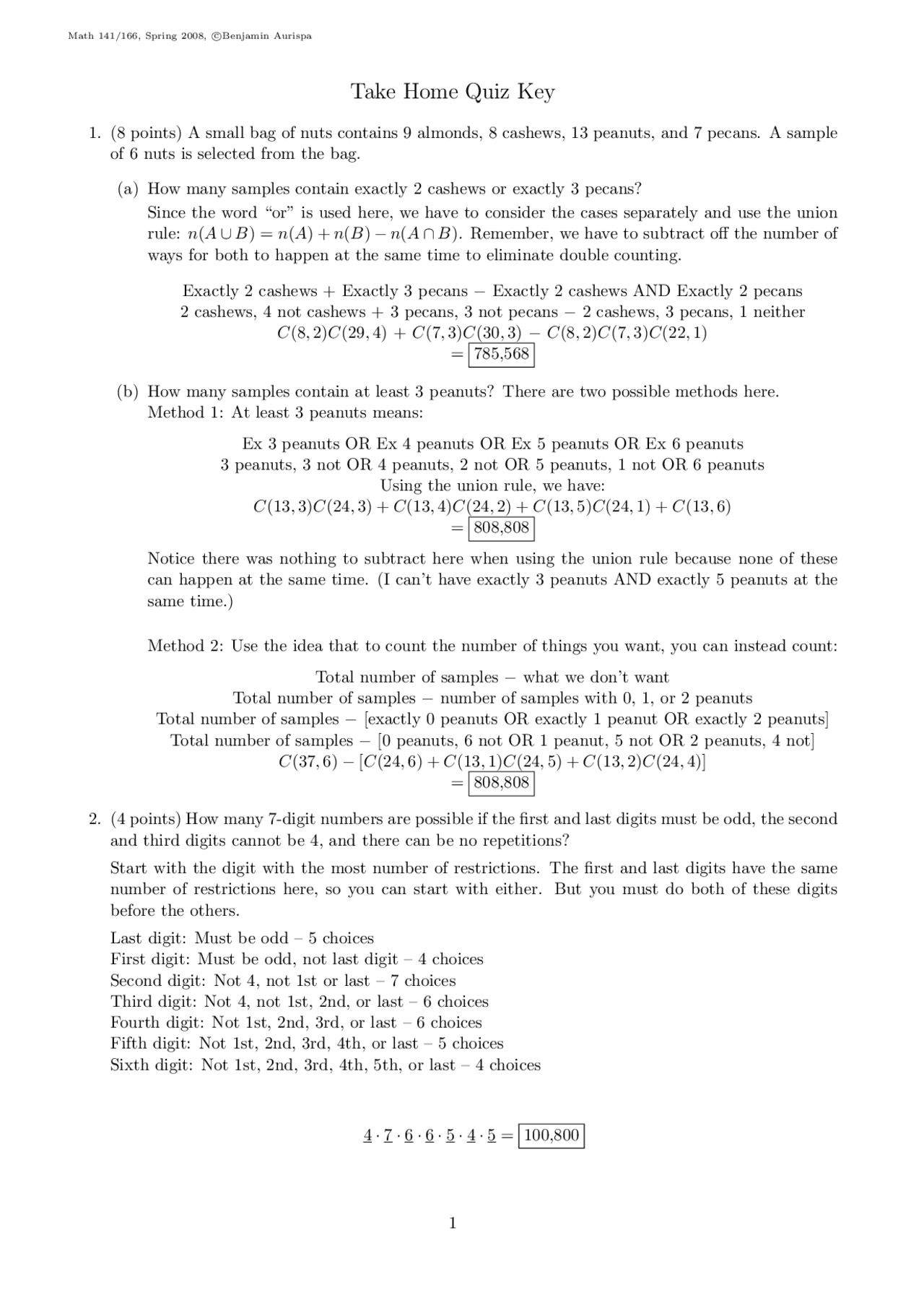 Take Home Quiz Key Honors Business Mathematics I Math 141 Docsity