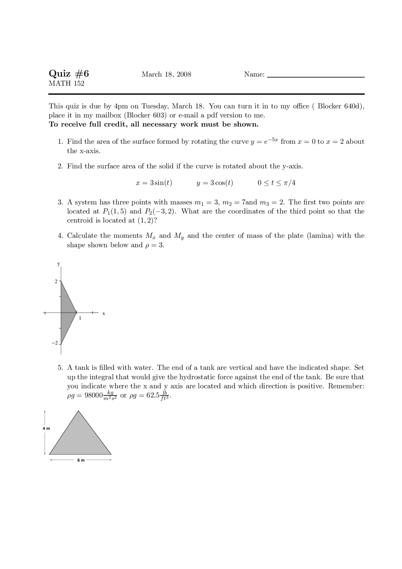 Quiz Vi Questions For Honors Engineering Mathematics Ii Math 152