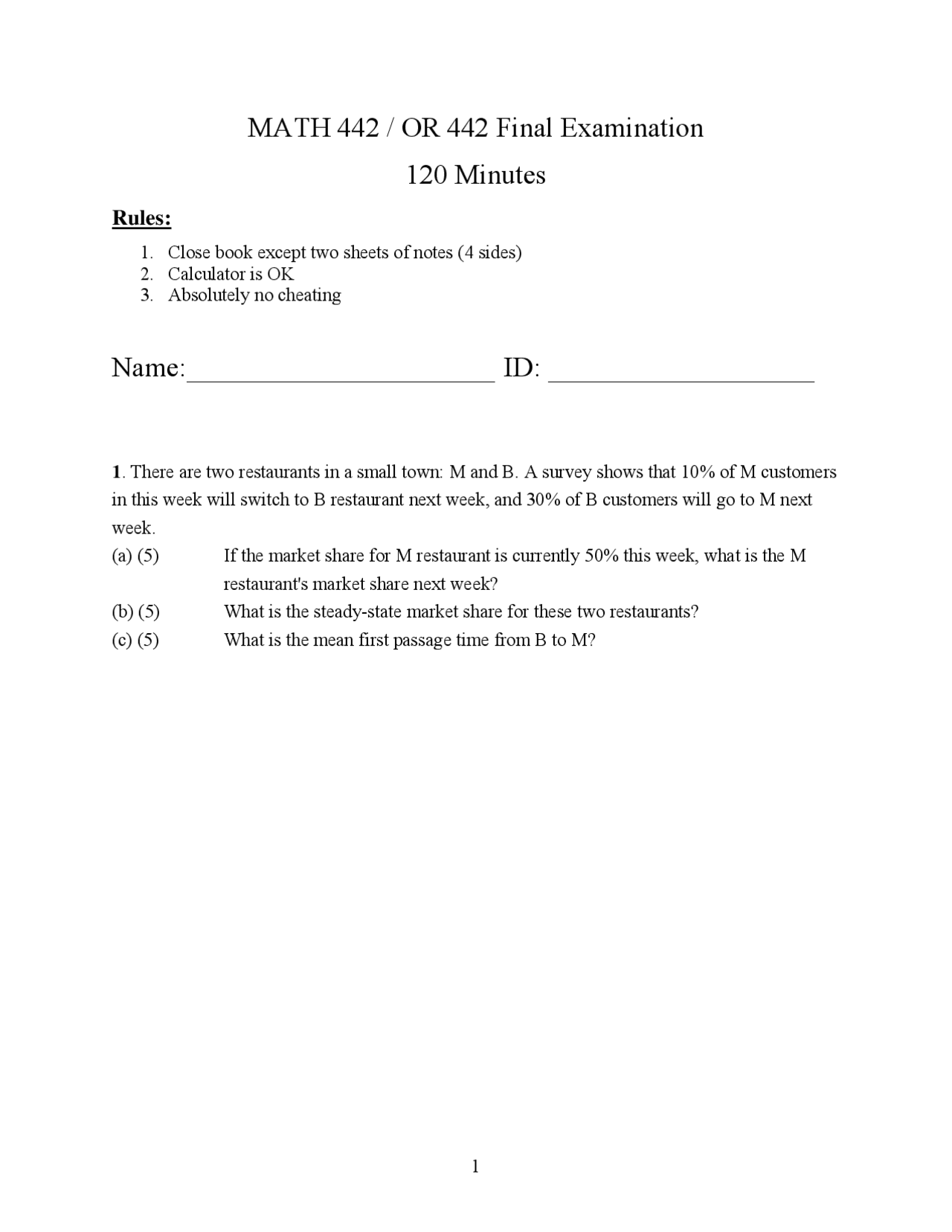 6 Questions For Final Examination Stochastic Operations Research
