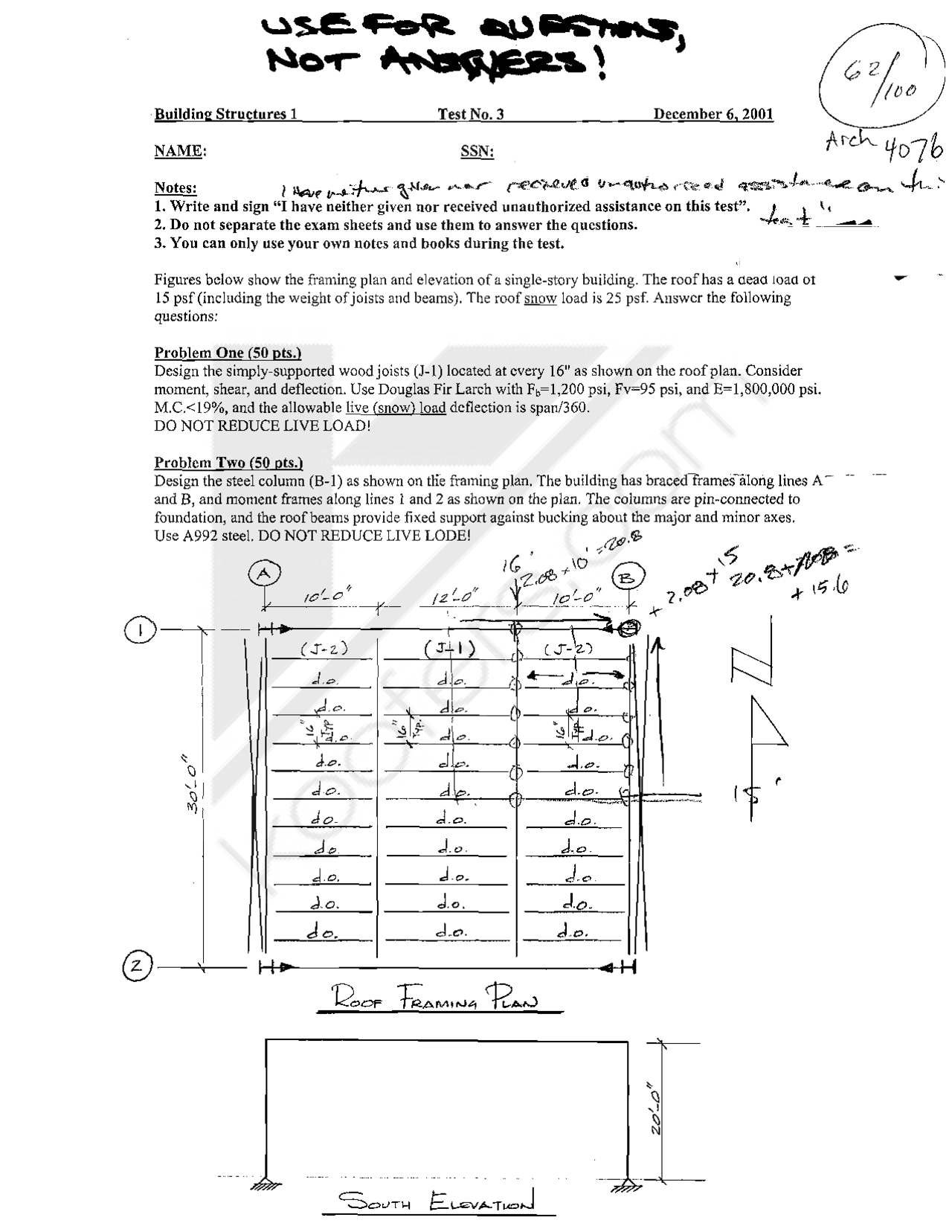Test 3 Solved Building Structures Arch 4076 Docsity