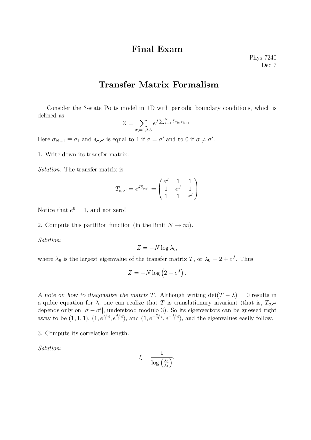 Final Exam Questions with Solutions - Advanced Statistics Mechanic | PHYS 7240 - Docsity