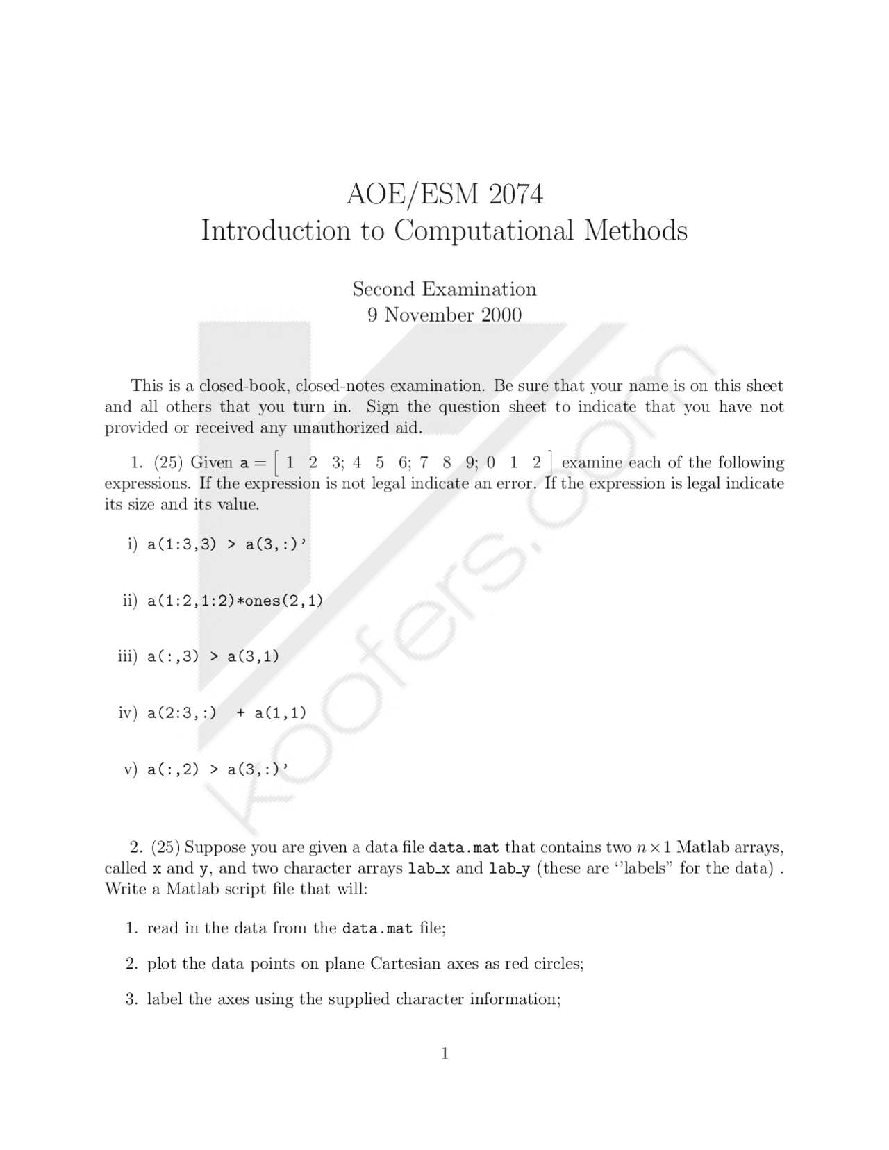 Computational Methods Exam 2 Questions Aoe 2074 Docsity