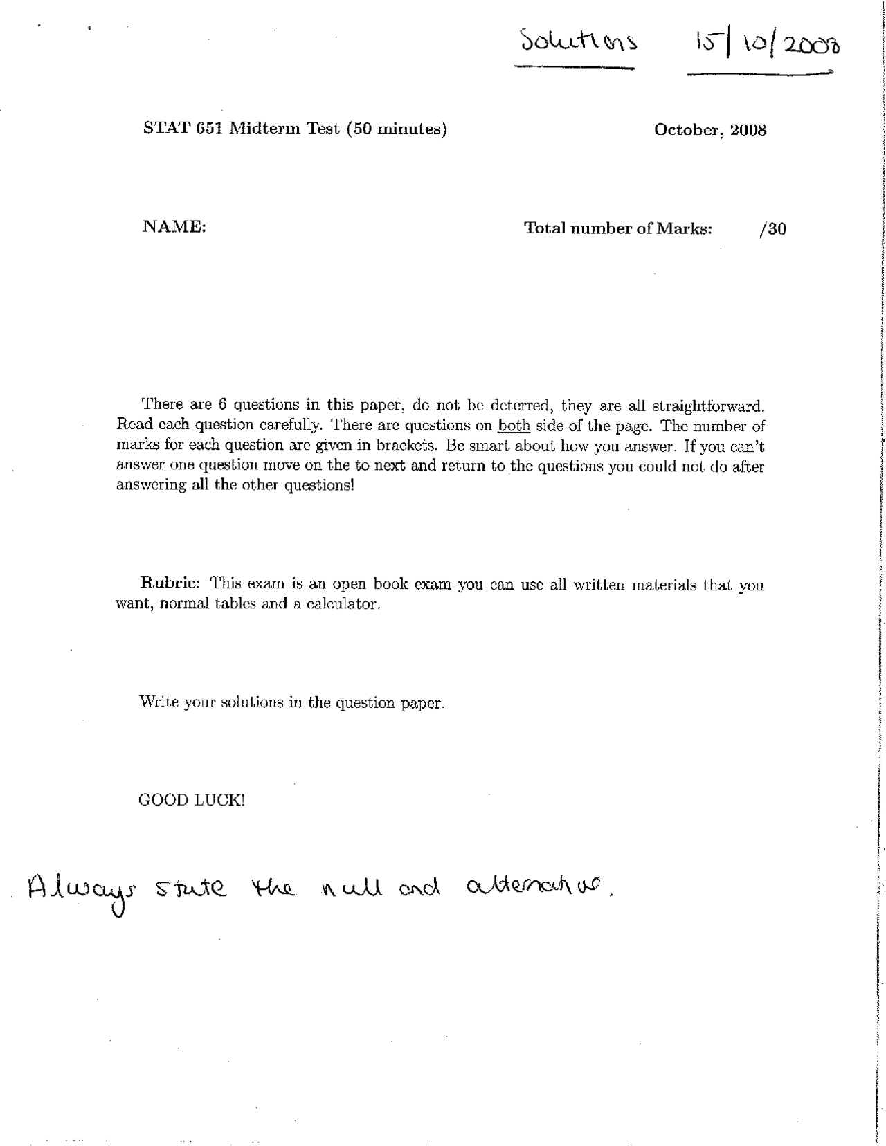 Solutions For Midterm Exam Statistics In Research I Stat 651 Docsity
