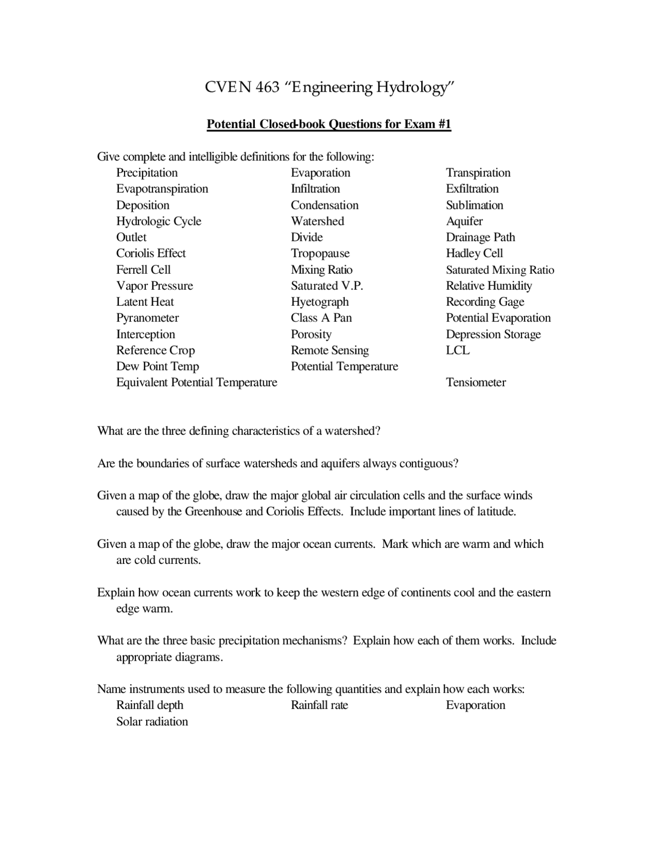 Exam 1 Questions for Engineering Hydrology | CVEN 463 | Study notes ...