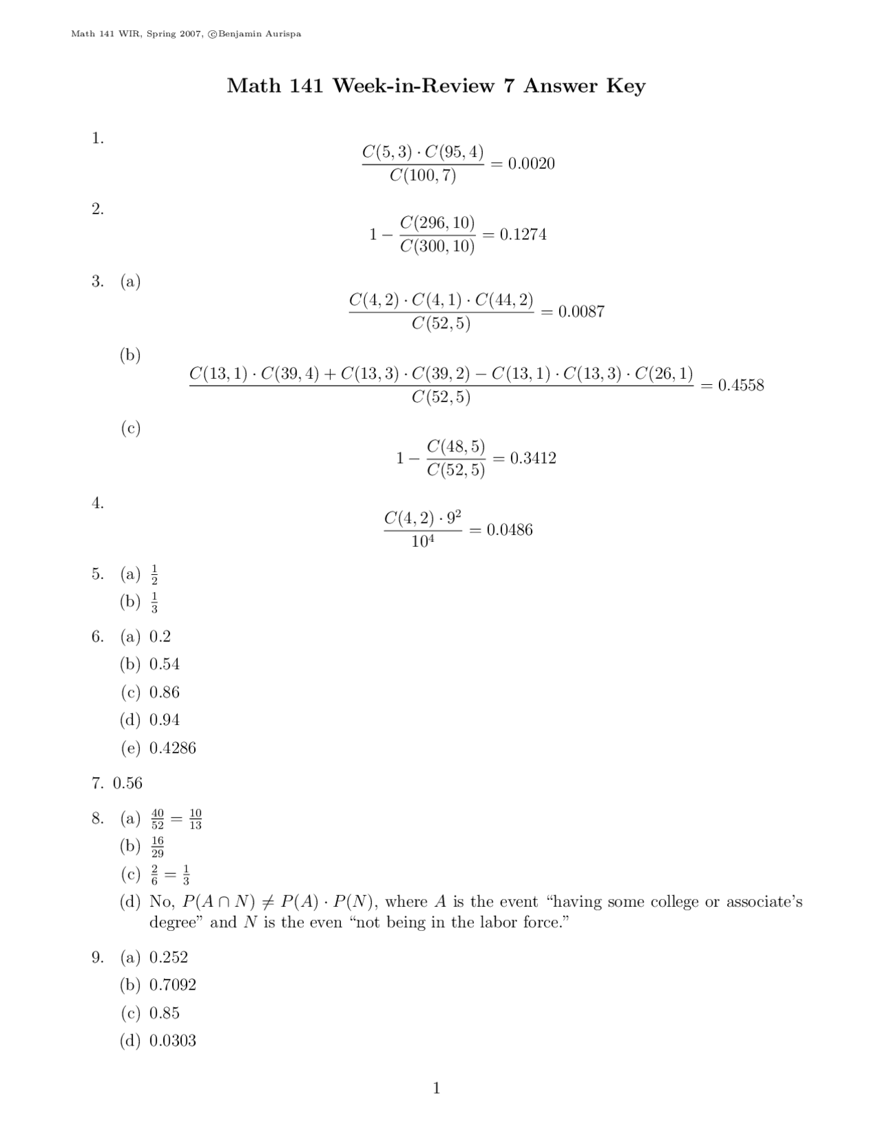 Quiz 7 Solutions On Honors Businesses Mathematics I Math 141 Docsity