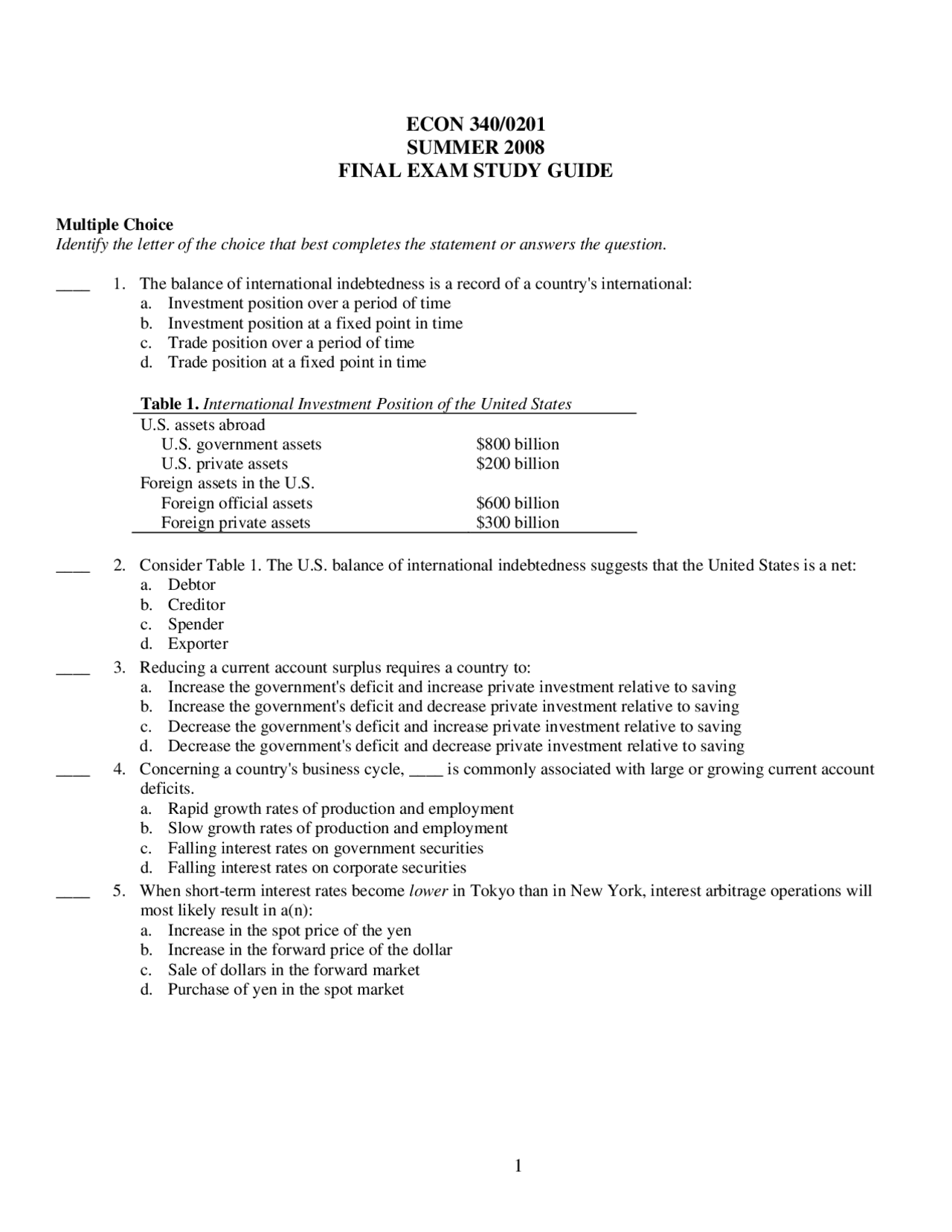 Multiple Choice Questions on Internal Economics - Final Exam | ECON 340 ...