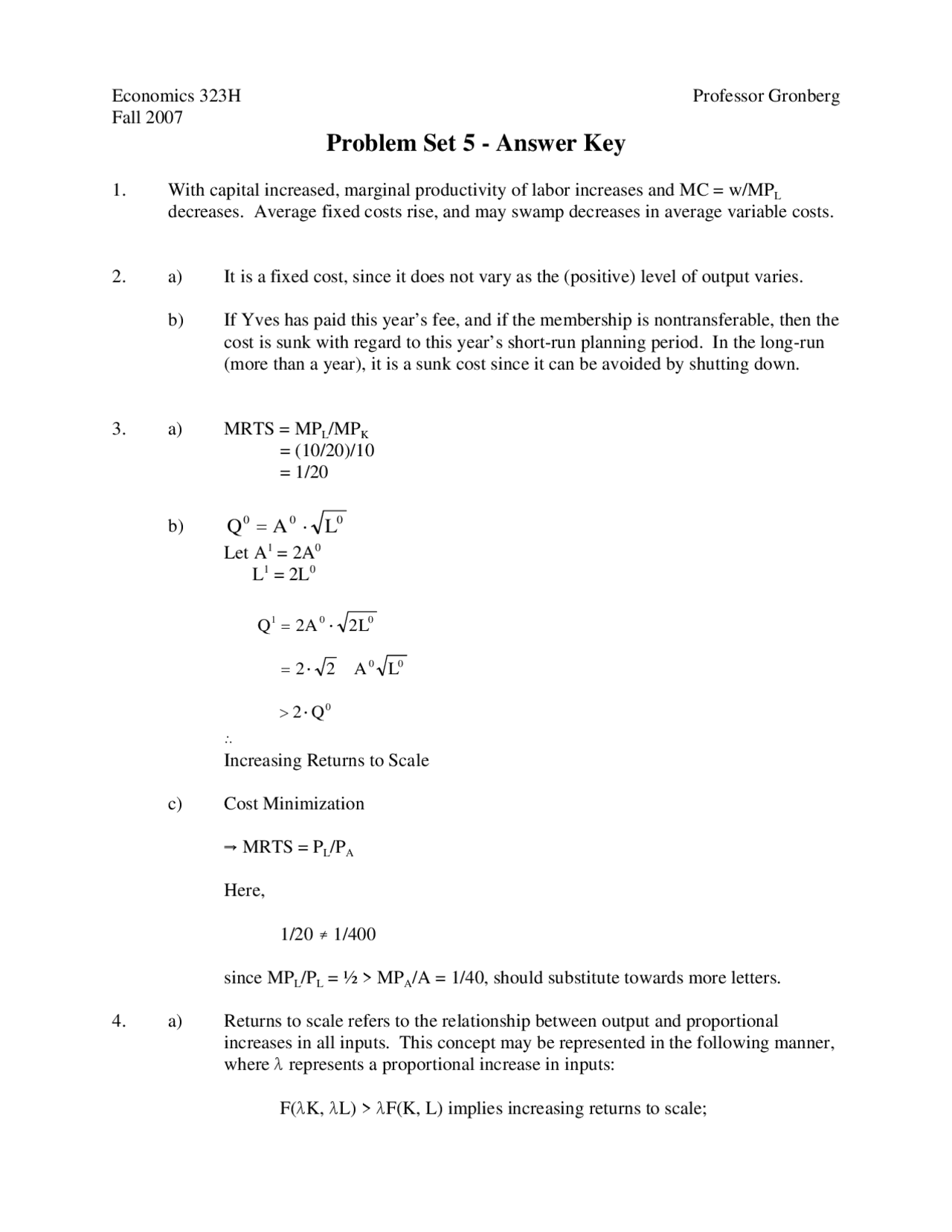 Microeconomic Theory Problem Set 5 Answer Key Econ 323 Docsity