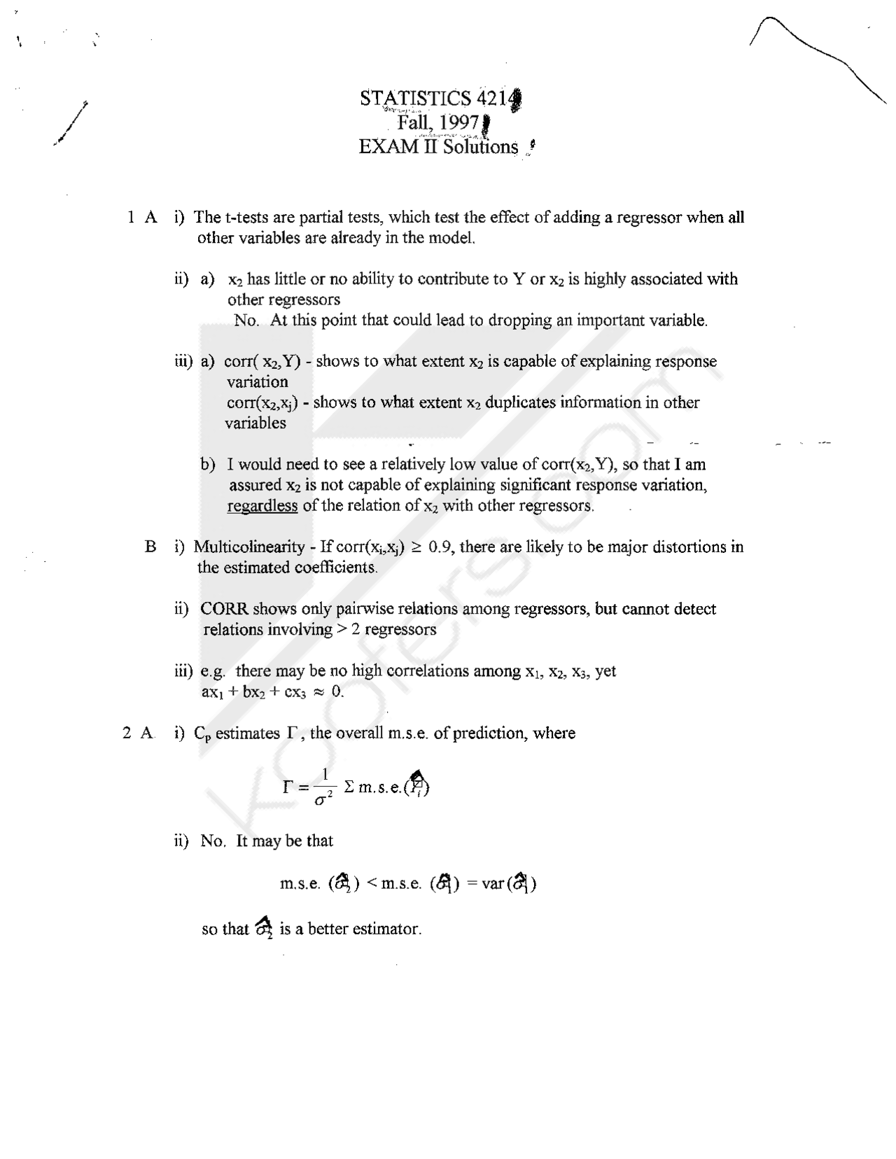 Exam Ii Solutions Methods Of Regression Analysis Stat 4214 Docsity