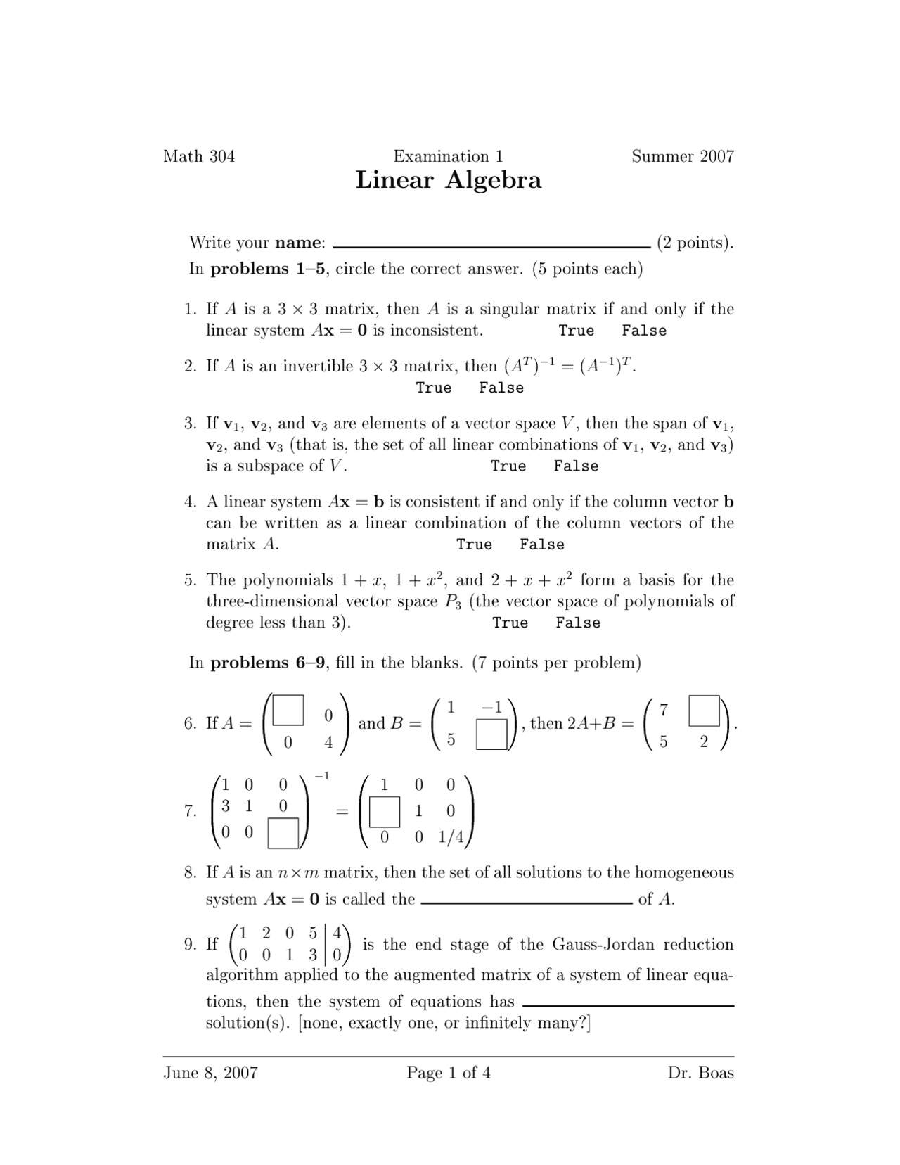 12 Questions Examination 1 Linear Algebra Math 304 Docsity