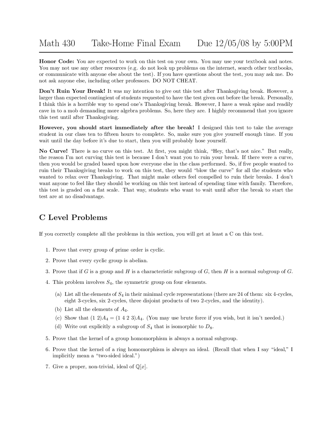 Take Home Final Exam Problems Abstract Algebra I Math 430 Docsity