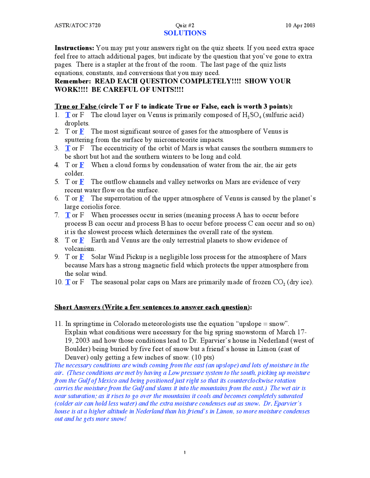 Quiz 2 Solutions For Planets And Their Atmospheres Astr 3720 Docsity
