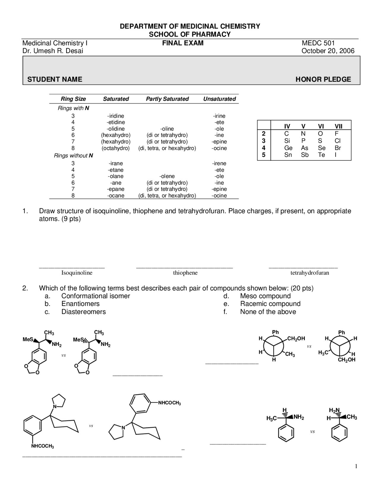 Final Exam Question For Medicinal Chemistry I Medc 501 Docsity