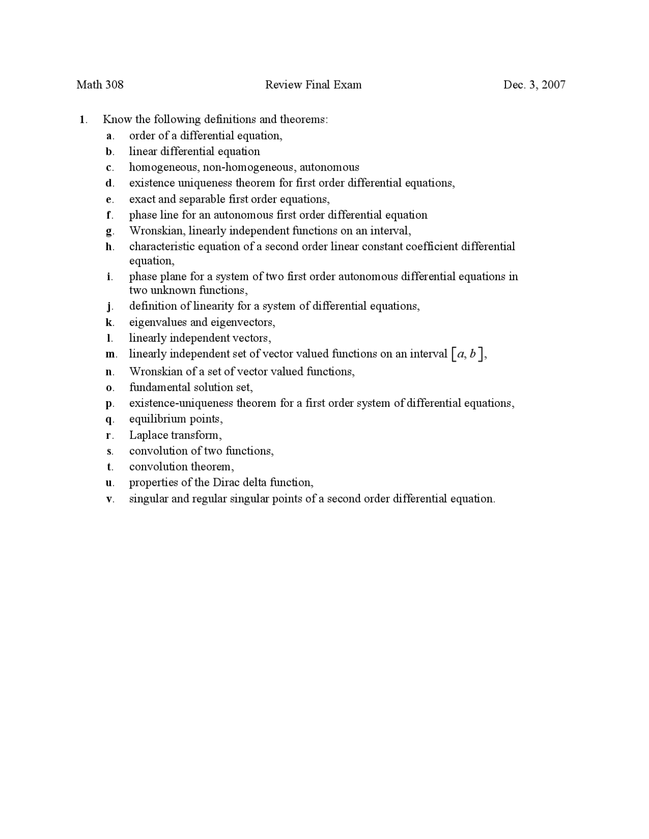 Math 308: Review Final Exam - Differential Equations | Study notes ...