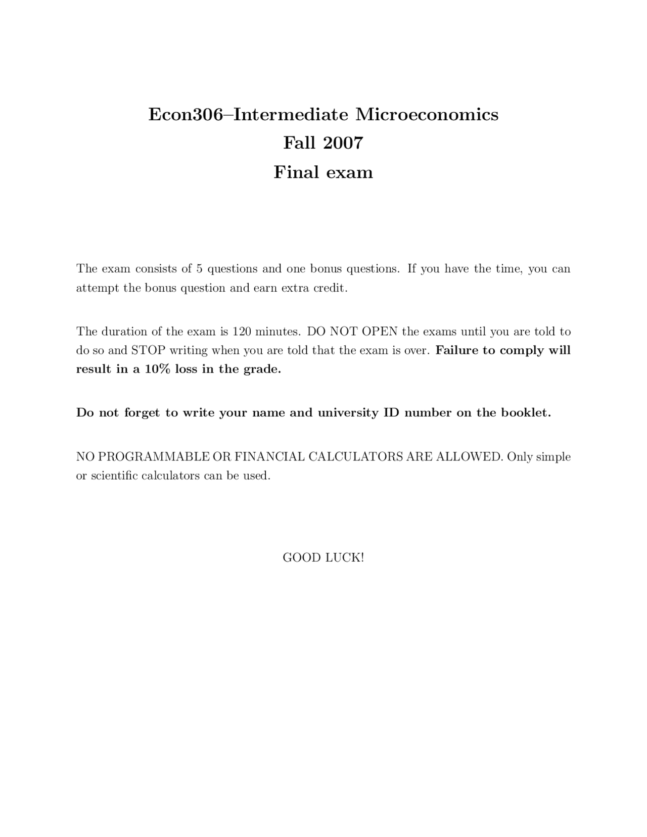 Final Exam For Intermediate Microeconomics Fall 2007 Econ 306 Docsity