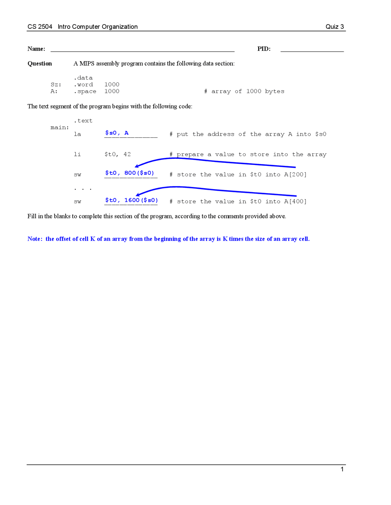 Quiz 3 With Answer Key Introduction To Computer Organization Cs