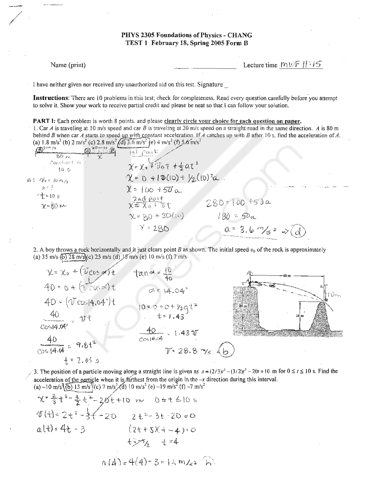 Foundations Of Physics I Test I Solutions Phys 2305 Docsity