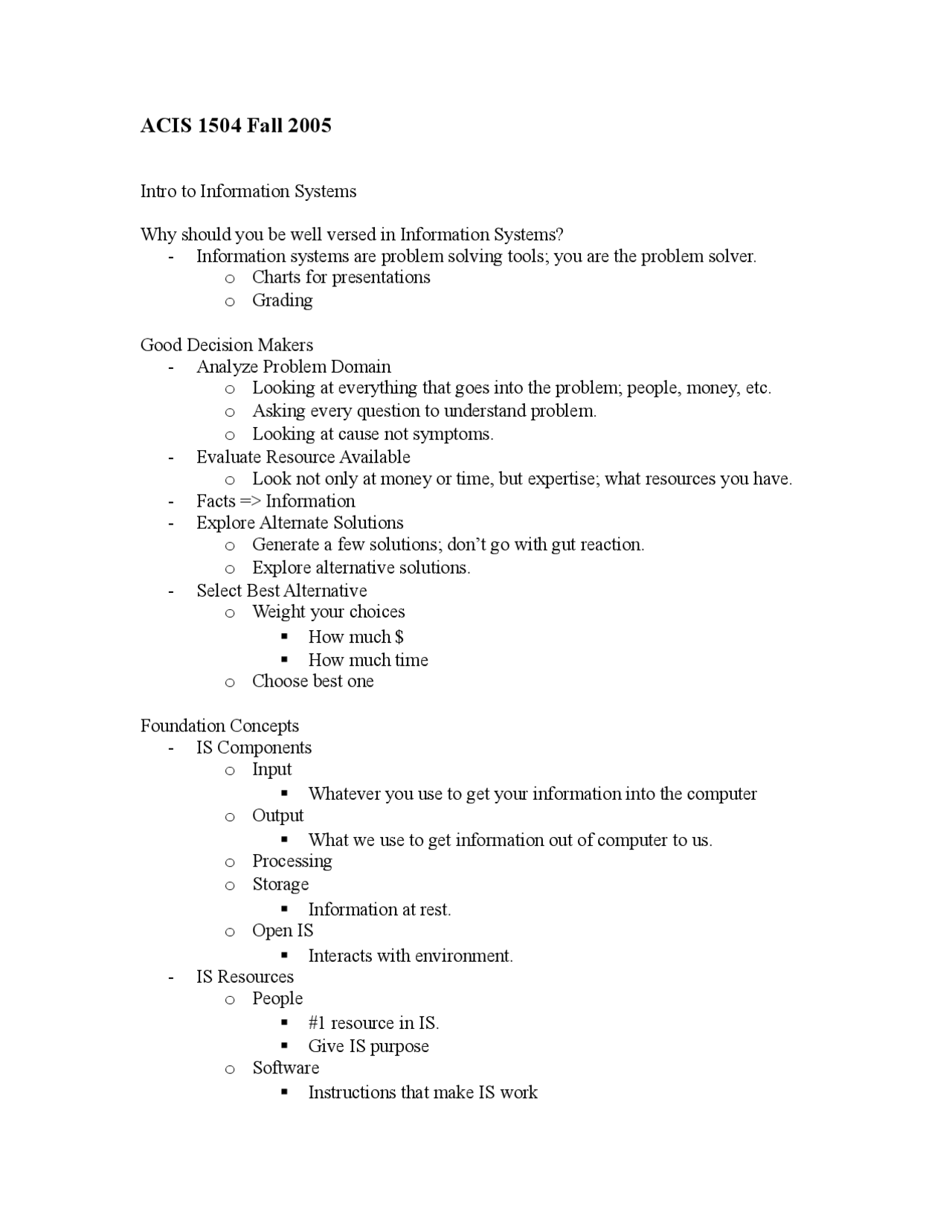 Information Systems For Business Analytics Fall 2005 Acis 1504