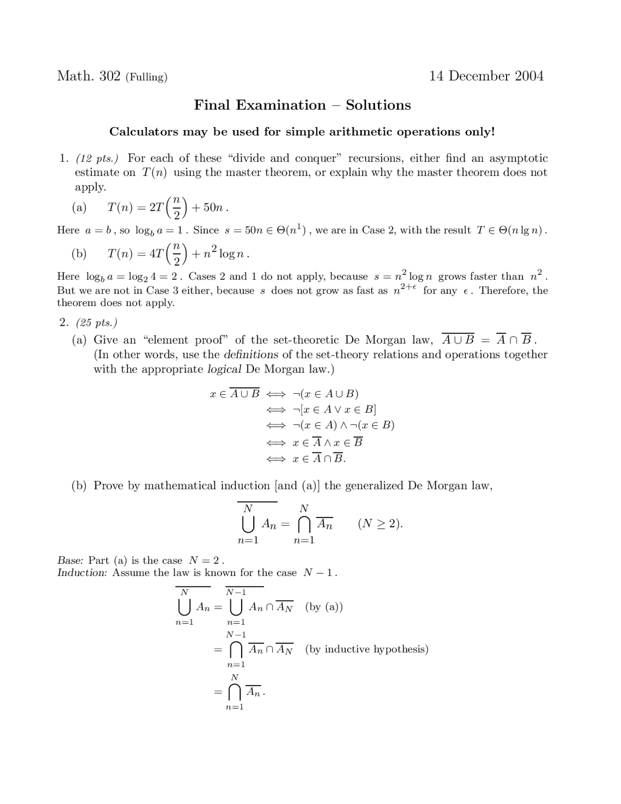 Final Examination Solutions Discrete Mathematics Math 302 Docsity