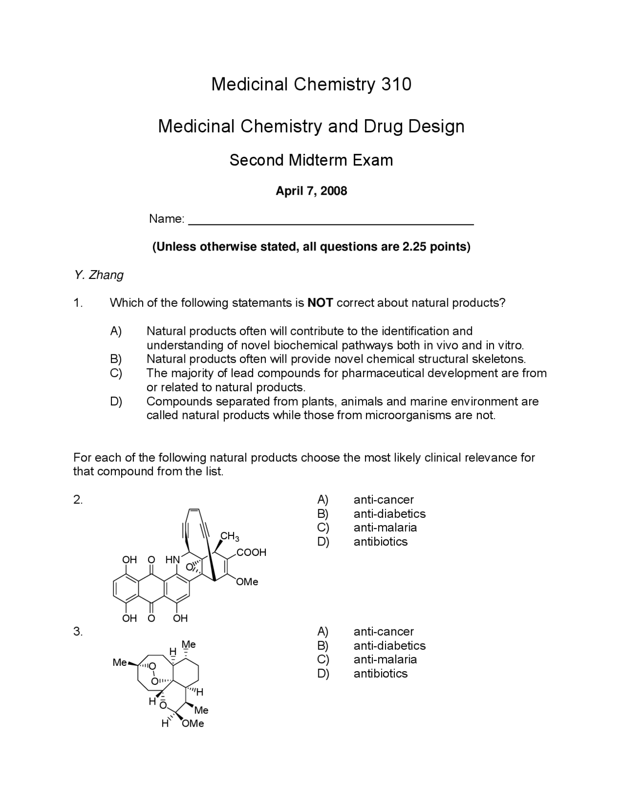 52 Mcqs On Medicinal Chemistry And Drug Design And Midterm Exam 2