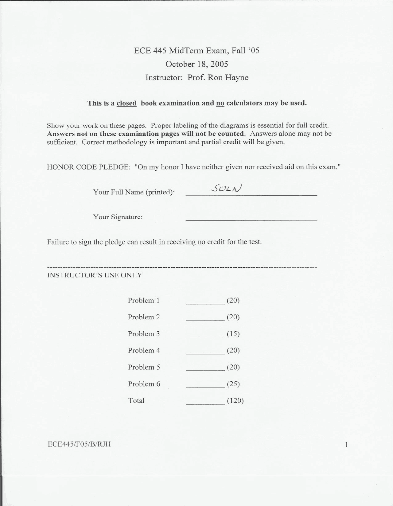 6 Solved Problems Midterm Exam - Fall 2003 | ECE 445 - Docsity