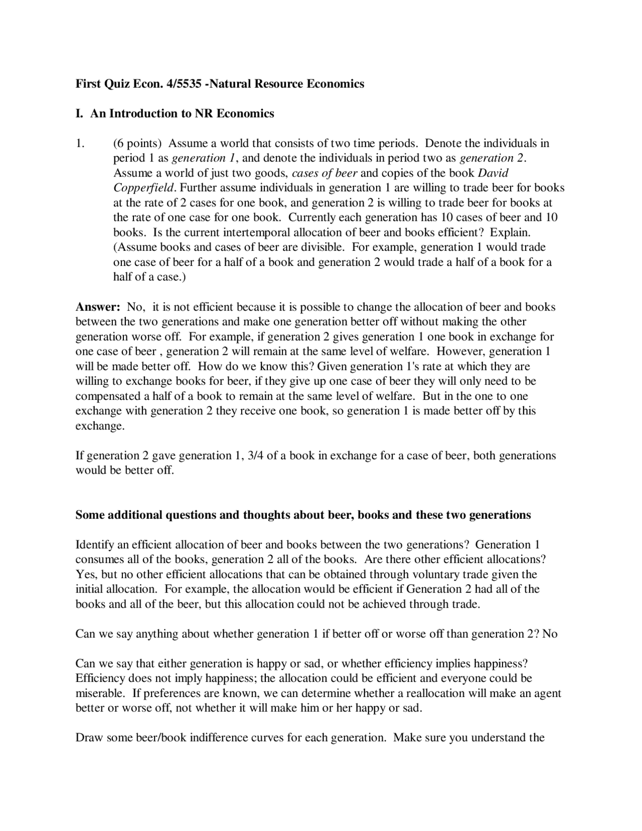 Natural Resource Economics - Test 1 Solved Questions | ECON 4535 - Docsity