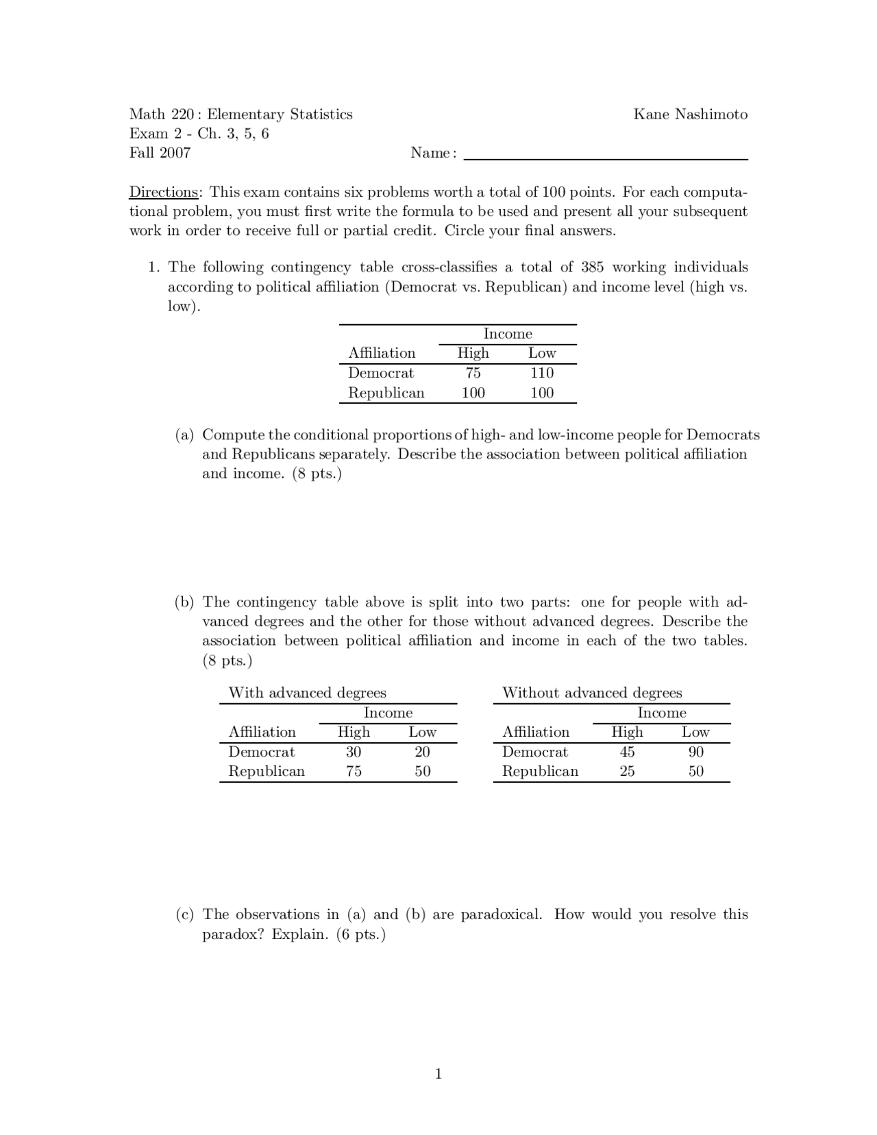 Elementary Statistics Exam 2 - Math 220: Analyzing Contingency Tables and Probabilities ...