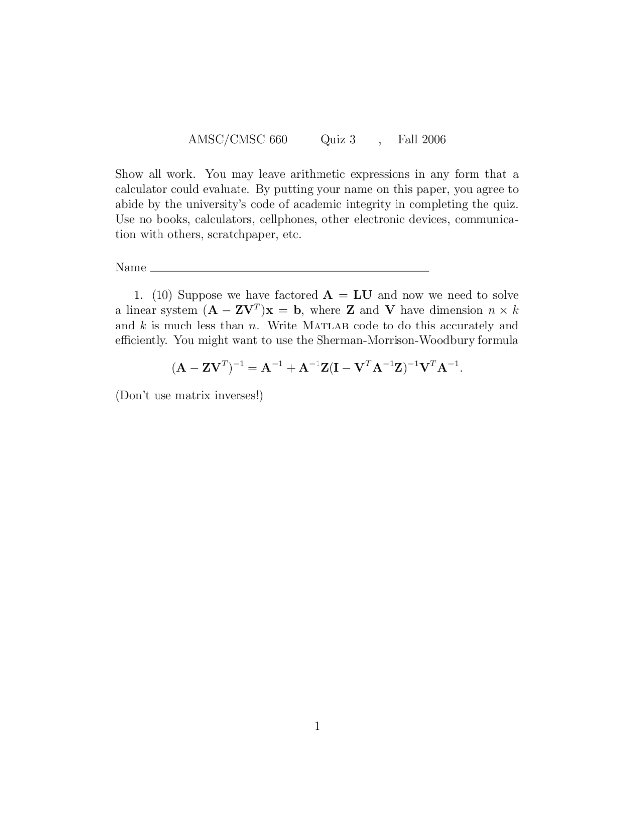 Scientific Computing I Quiz 3 Problems Amsc 660 Docsity