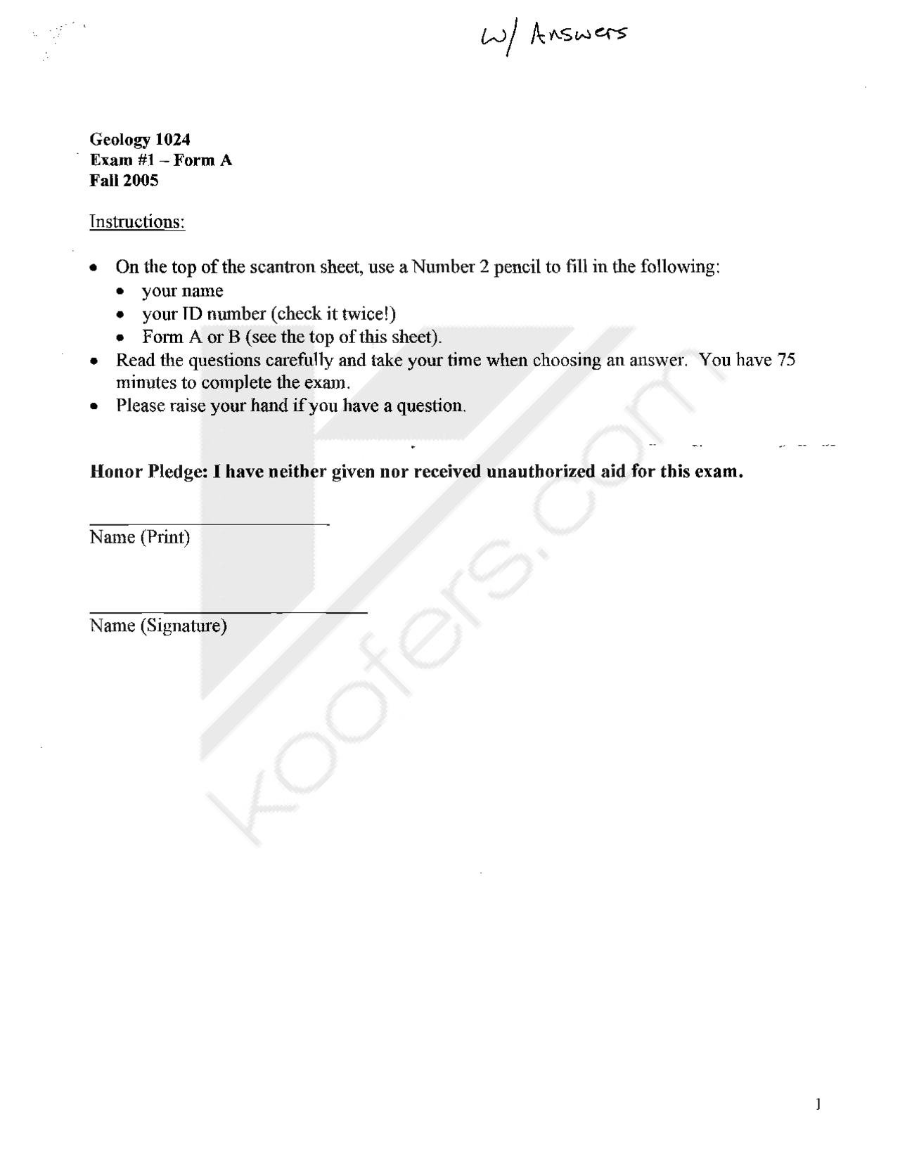 Exam 1 Form A Answers Resources Geology Geos 1024 Docsity