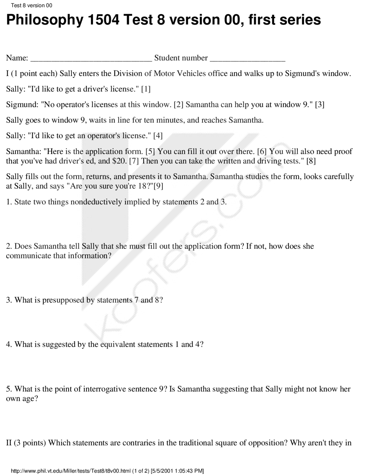 Test 8 Version 0 Language And Logic Phil 1504 Docsity
