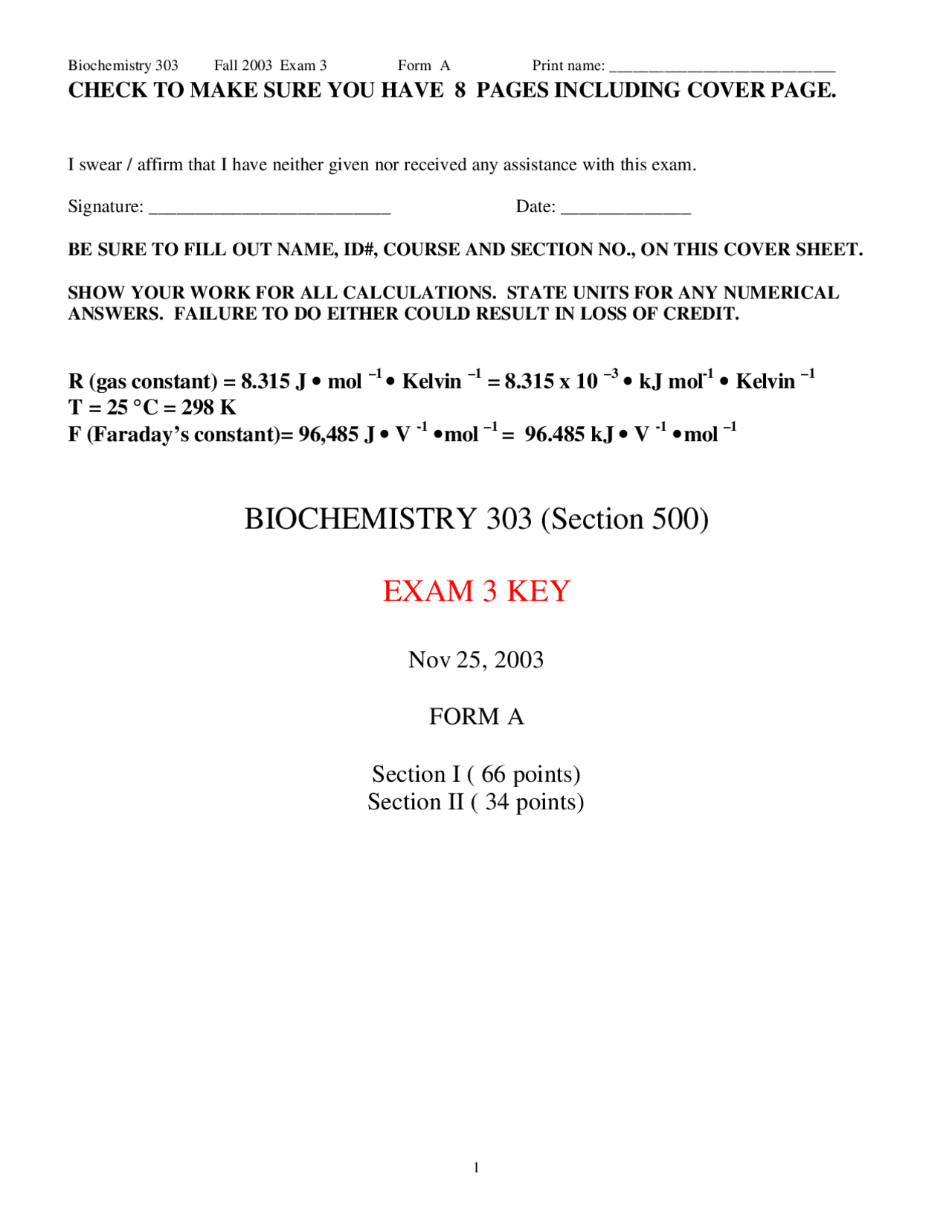Elements of Biology Chemistry - Exam 3 with Answer Key | BICH 303 ...