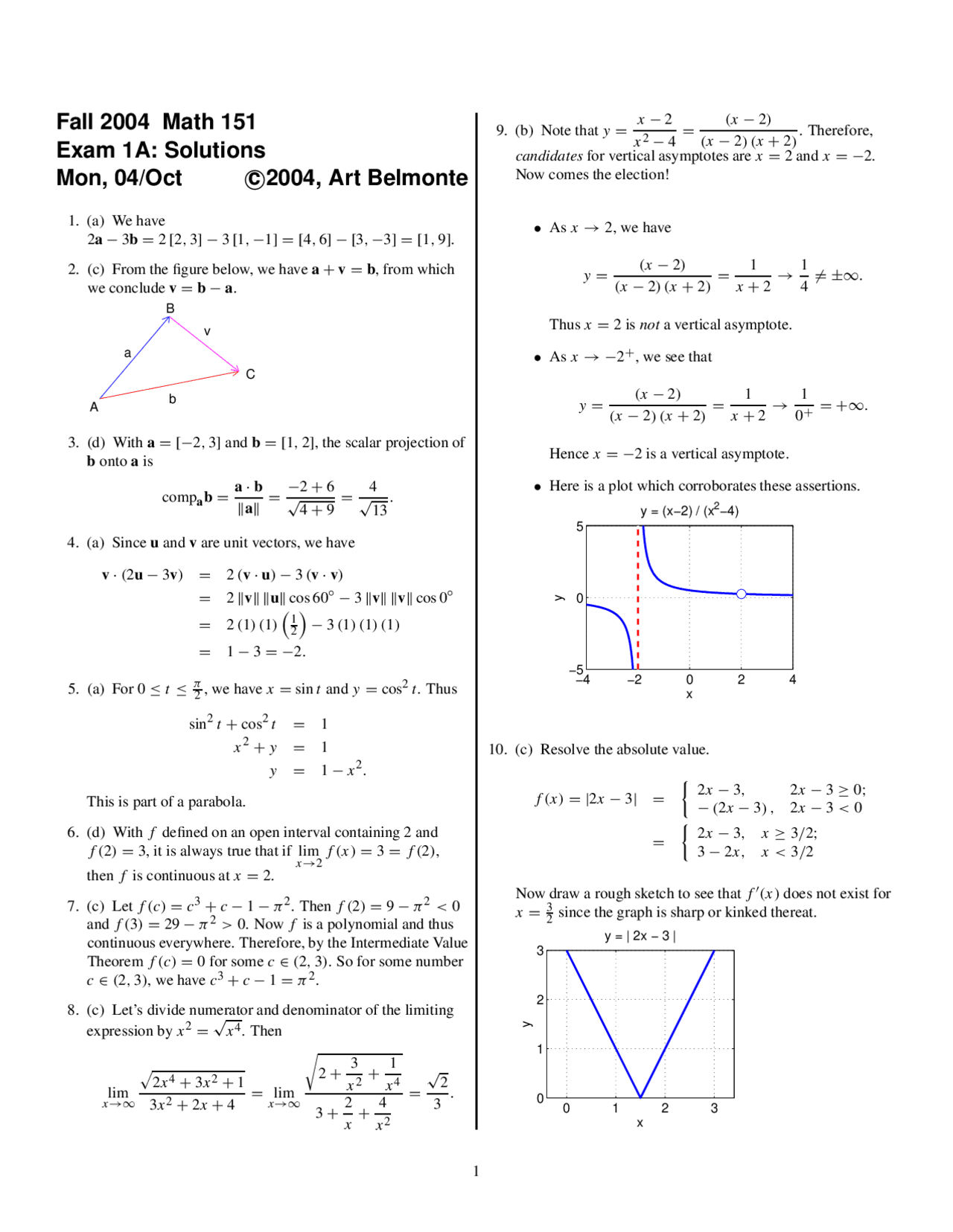 Fall 2004 Math 151 Exam 1A Solutions: Vector Calculus and Limits ...