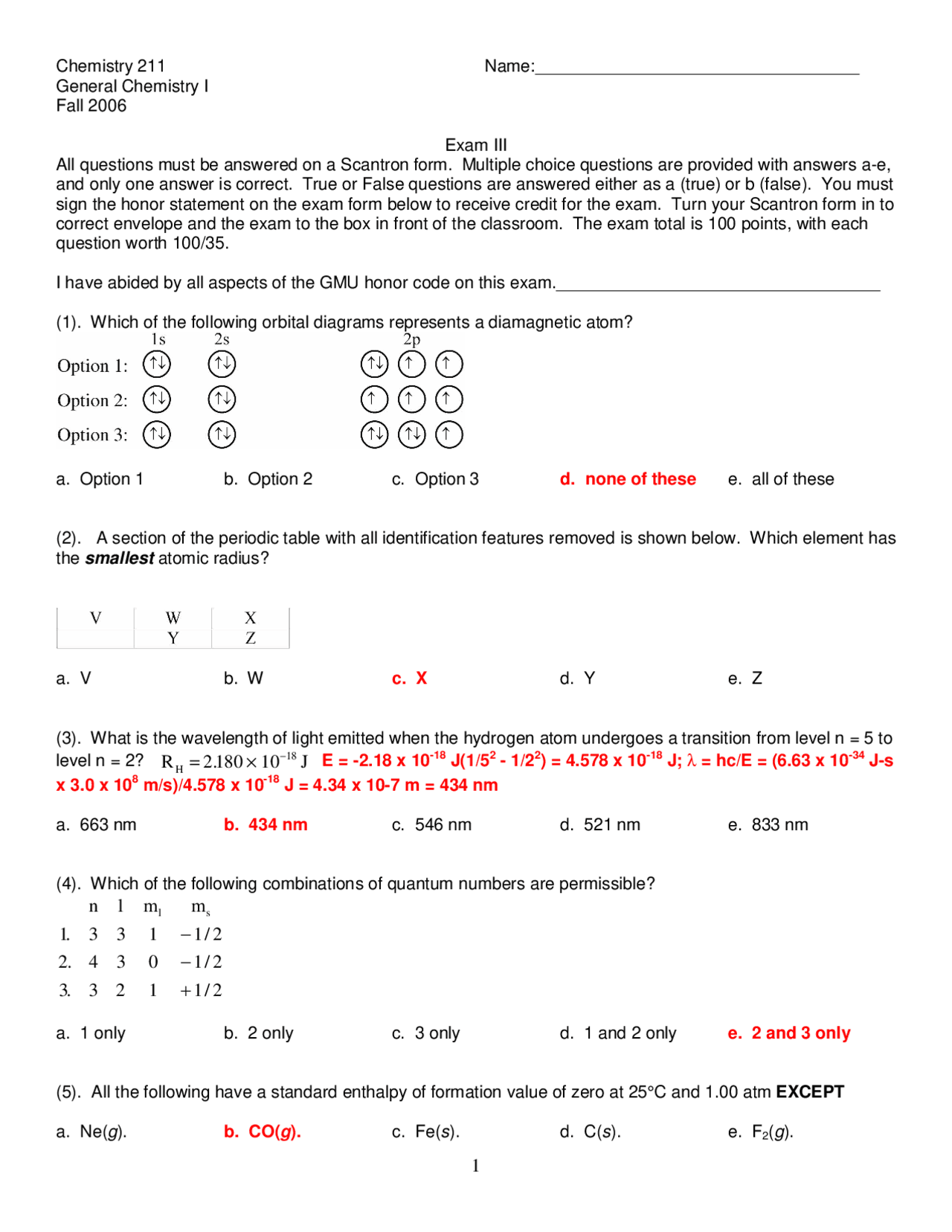 General Chemistry I - Exam 3 with Solution Key | CHEM 211 - Docsity