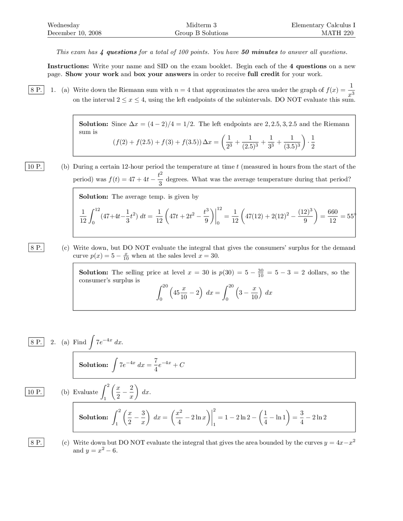Midterm Exam 3 Practice Problems On Elementary Calculus I Math 220