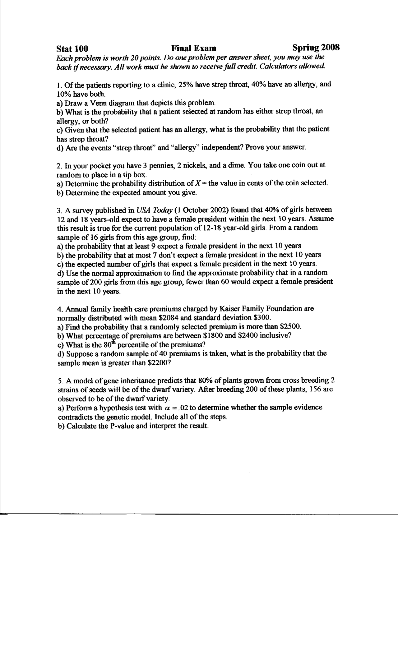 Elementary Statistics and Probability - Final Exam | STAT 100 - Docsity