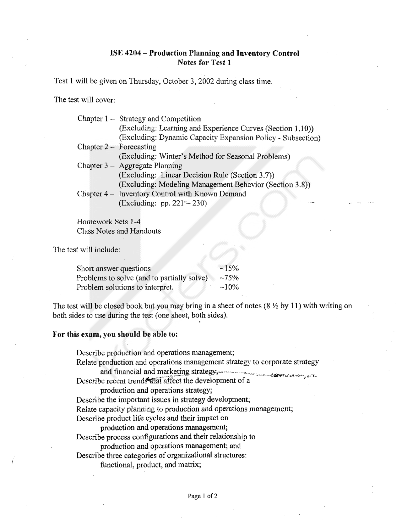 Notes For Test 1 Production Planning And Inventory Control Ise 4204